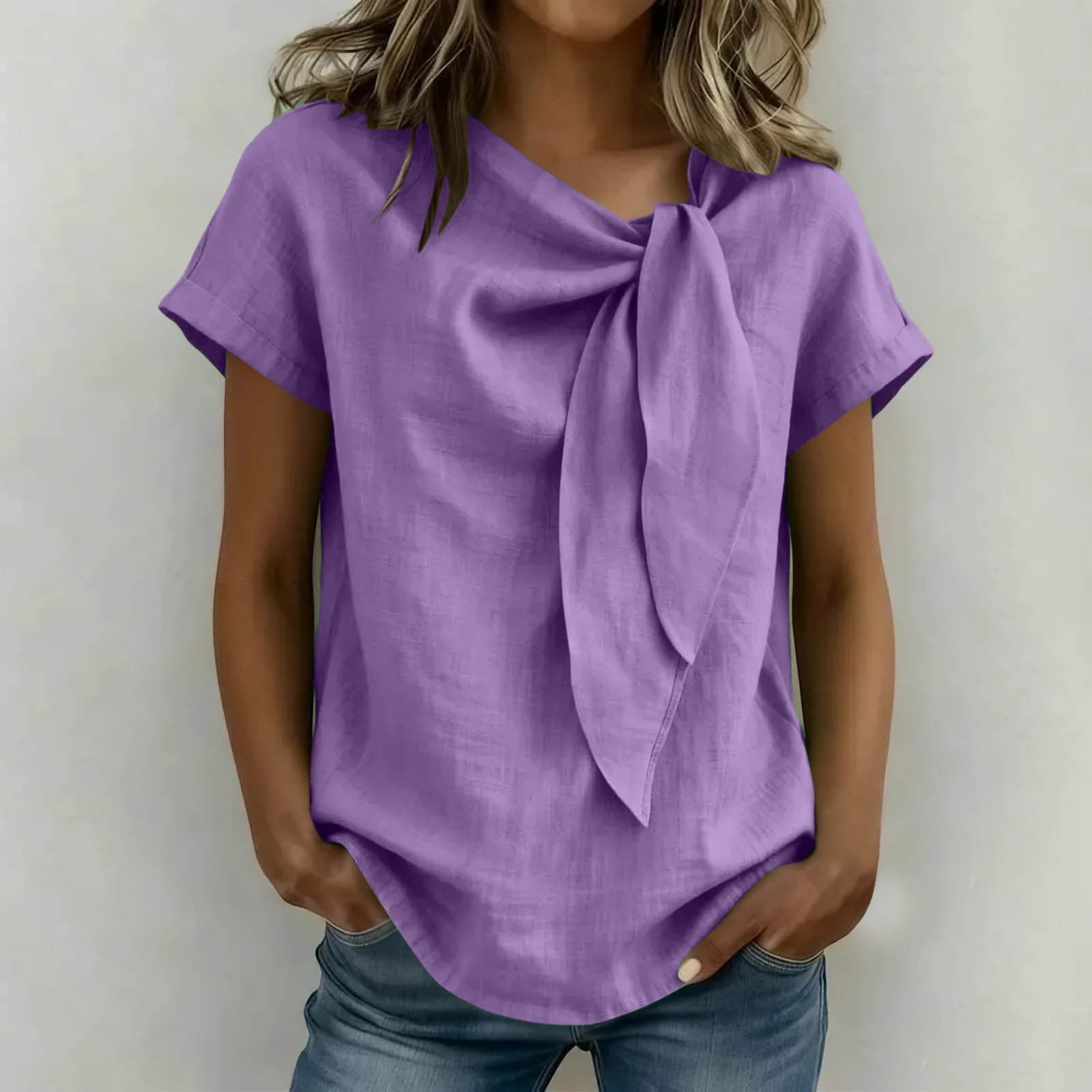 Cute Tops for Women Bow Tie Neck Short Sleeve Elegant Blouse Shirt Top ...
