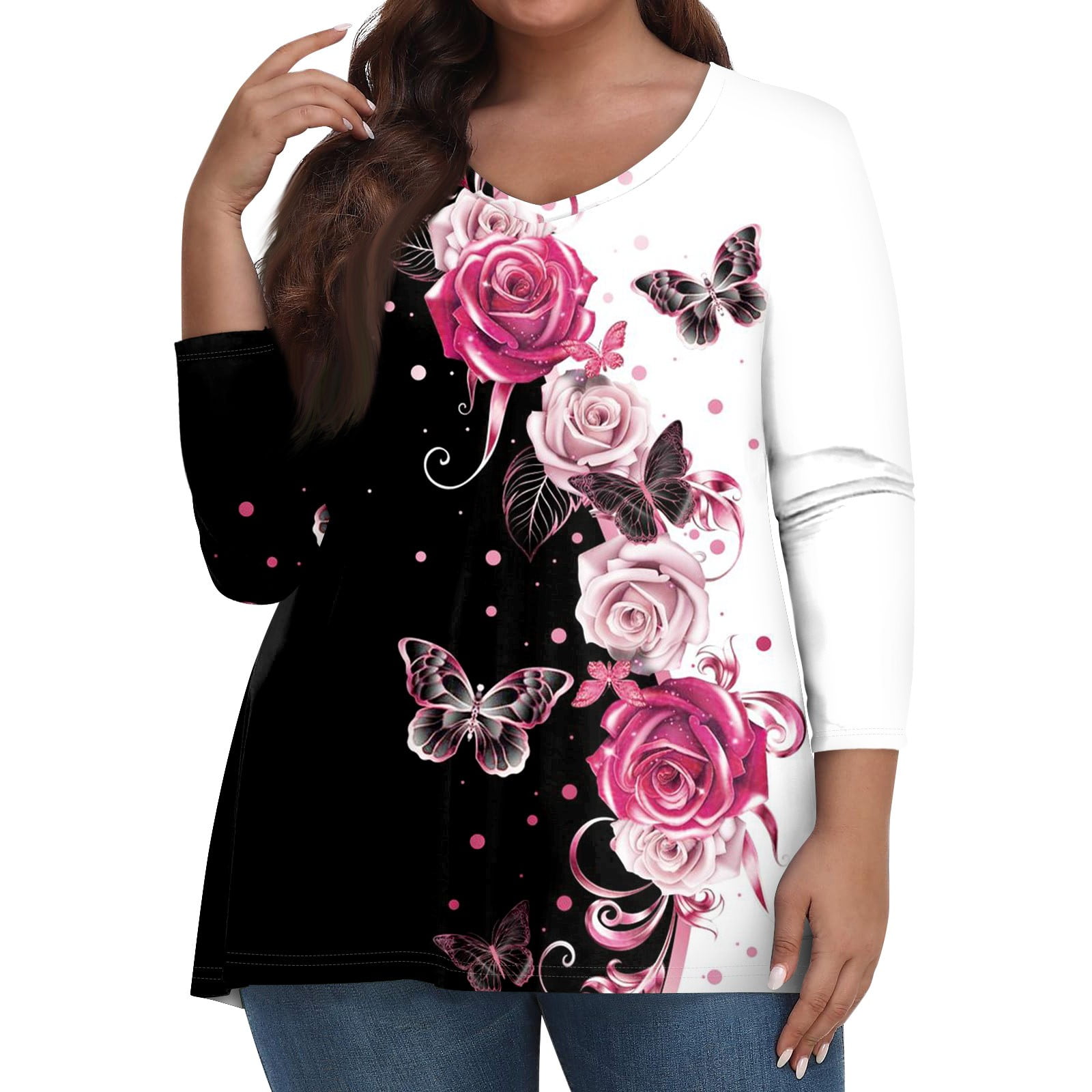 Cute Tops for Women Fall Plus Size Blouse 3/4 Length Sleeve V-Neck ...