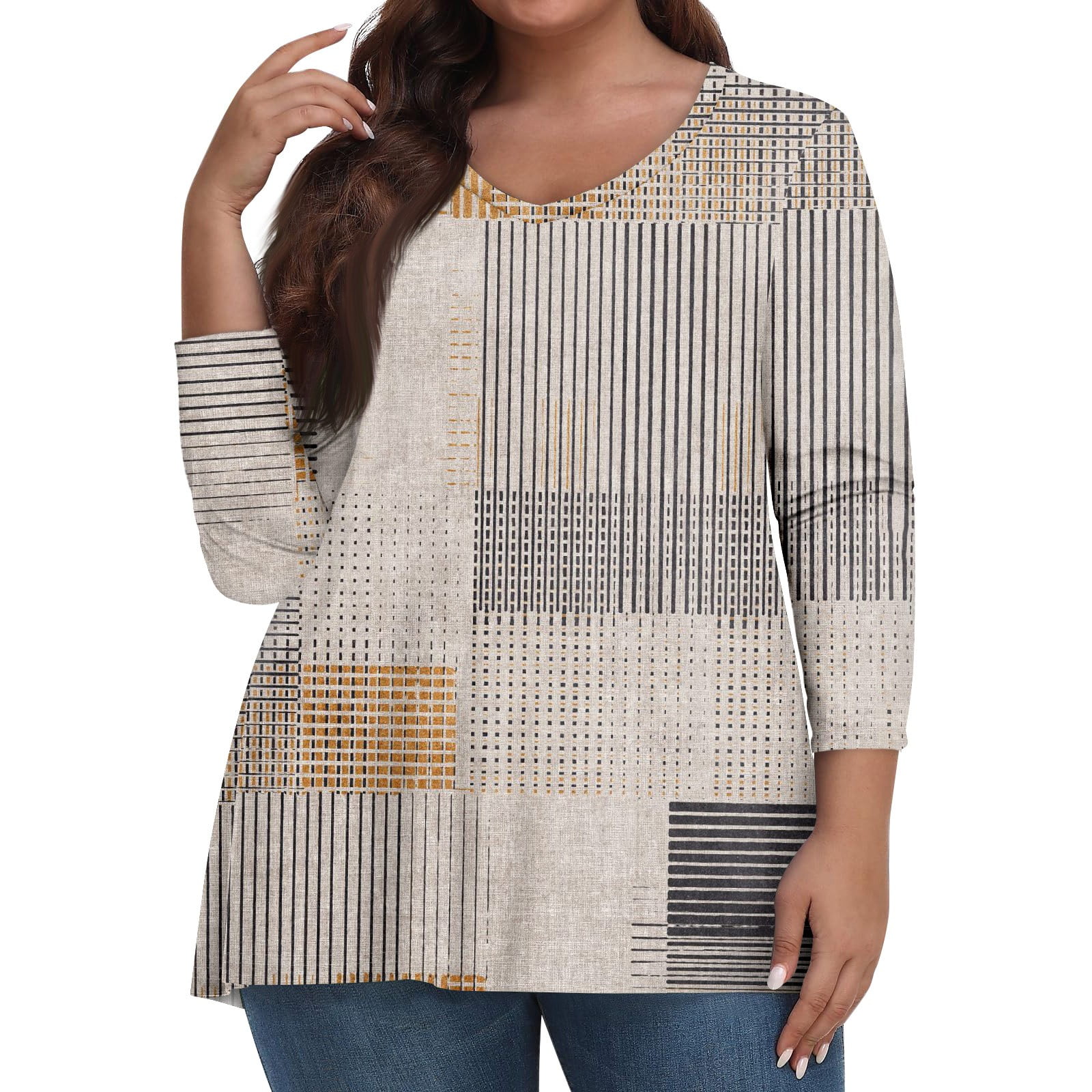 Cute Tops for Women Fall Plus Size Blouse 3/4 Length Sleeve V Neck ...
