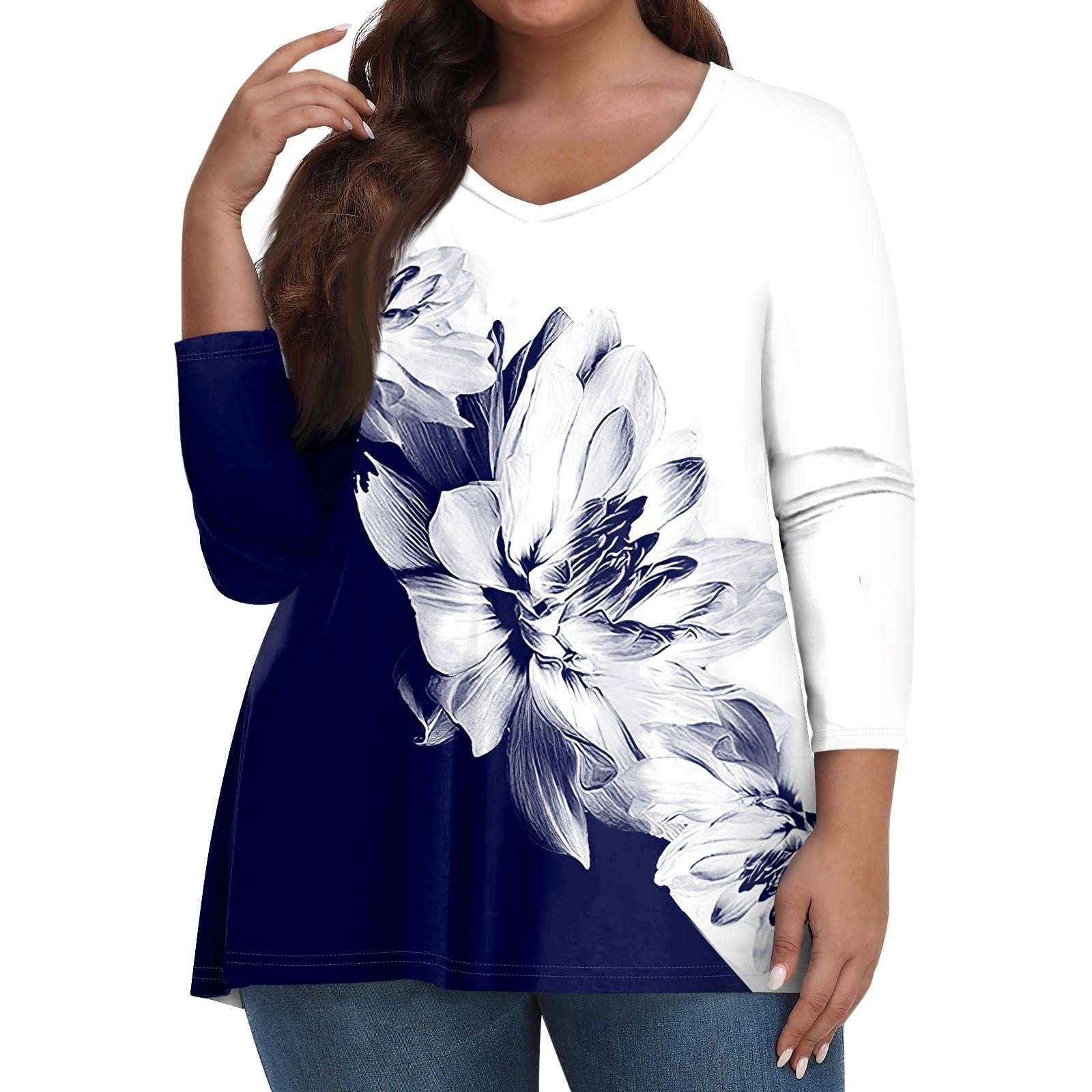 Cute Tops for Women Fall Plus Size Shirts 3/4 Length Sleeve V Neck ...