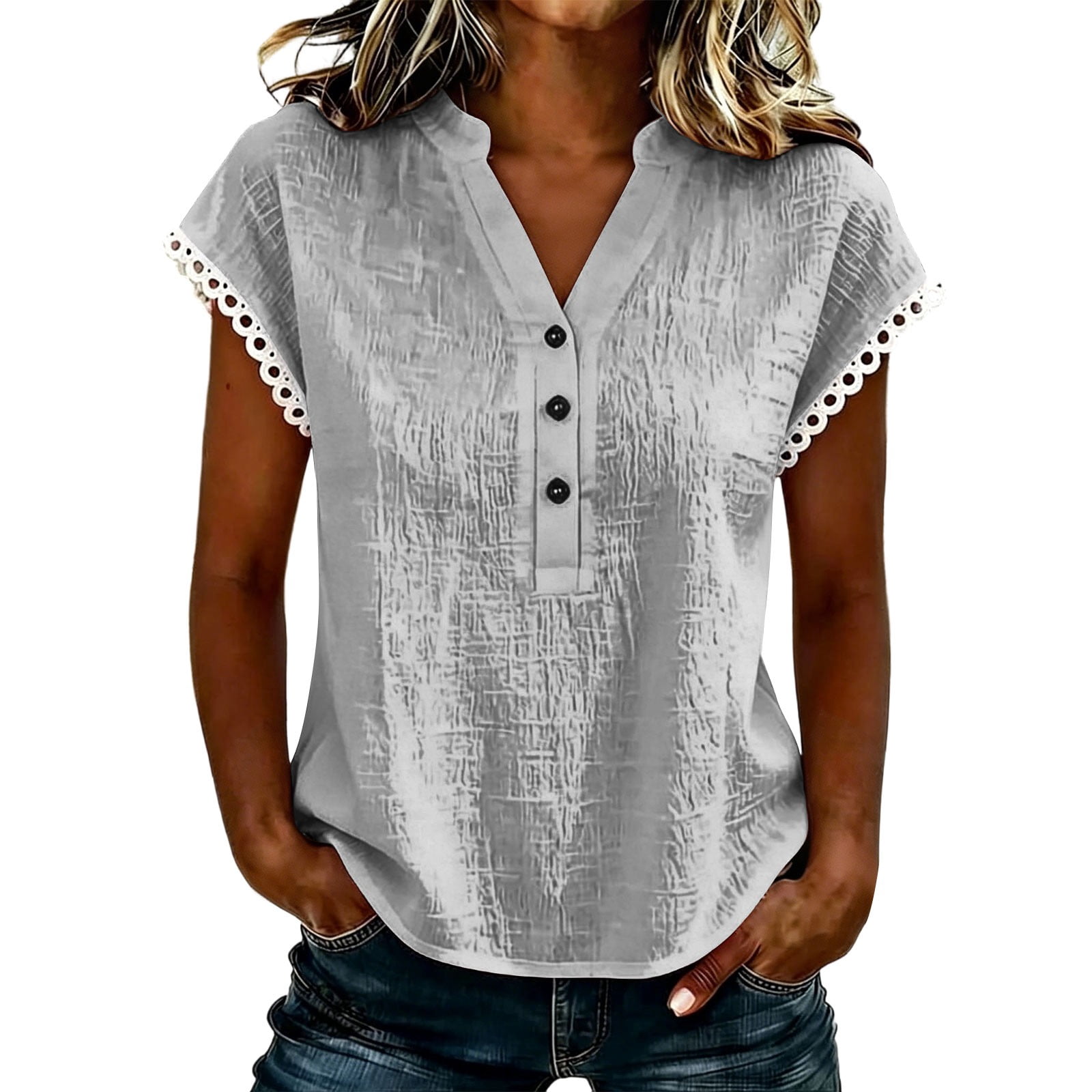 Cute Tops for Women Summer Lace Patch Short Sleeve Cotton Blouse Loose ...