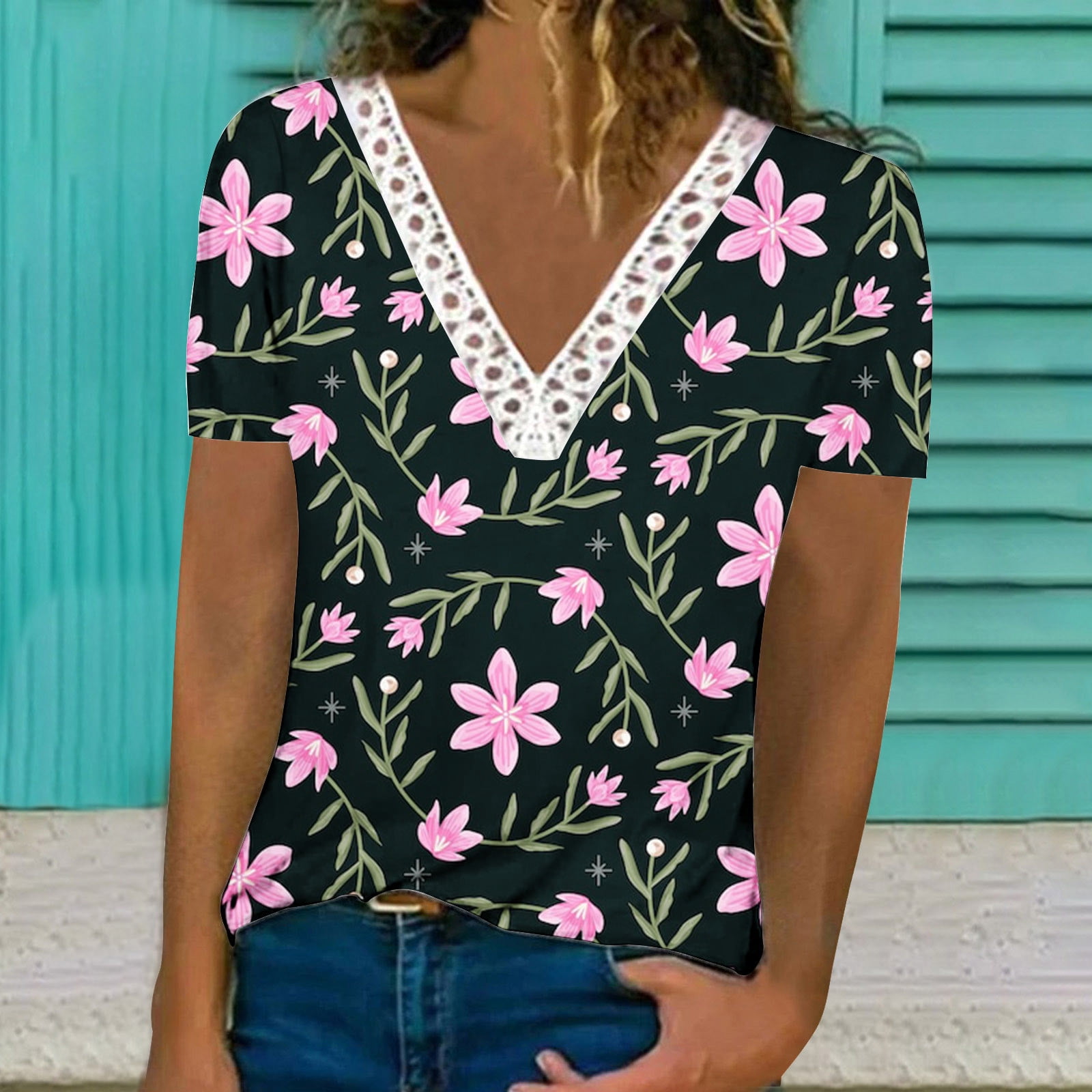 Cute Tops for Women, Tops for Women, Women's Fashion Printed Lace Short ...
