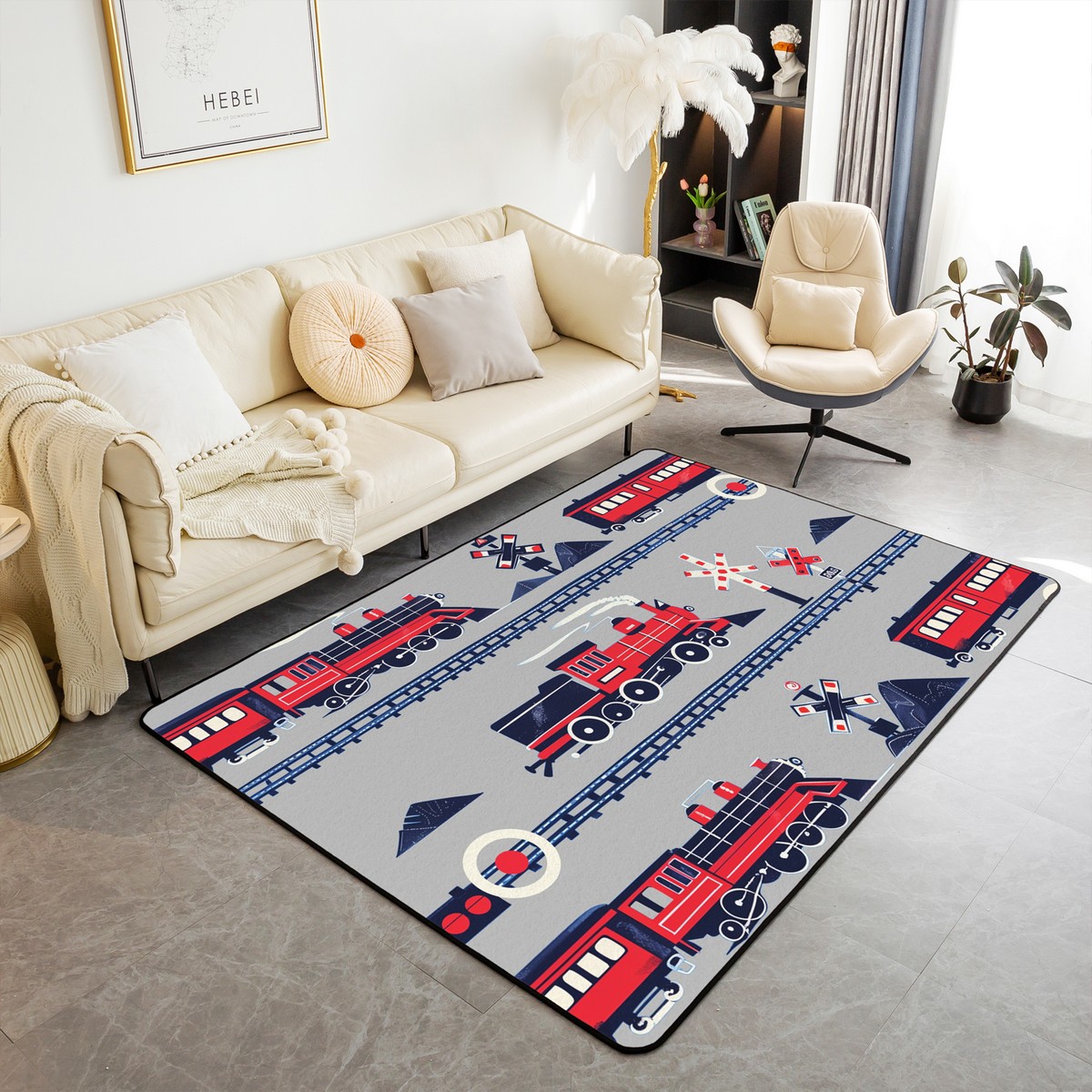 Cute Train Area Rug 5x7, Cartoon Steam Locomotive Rectangular Carpet ...
