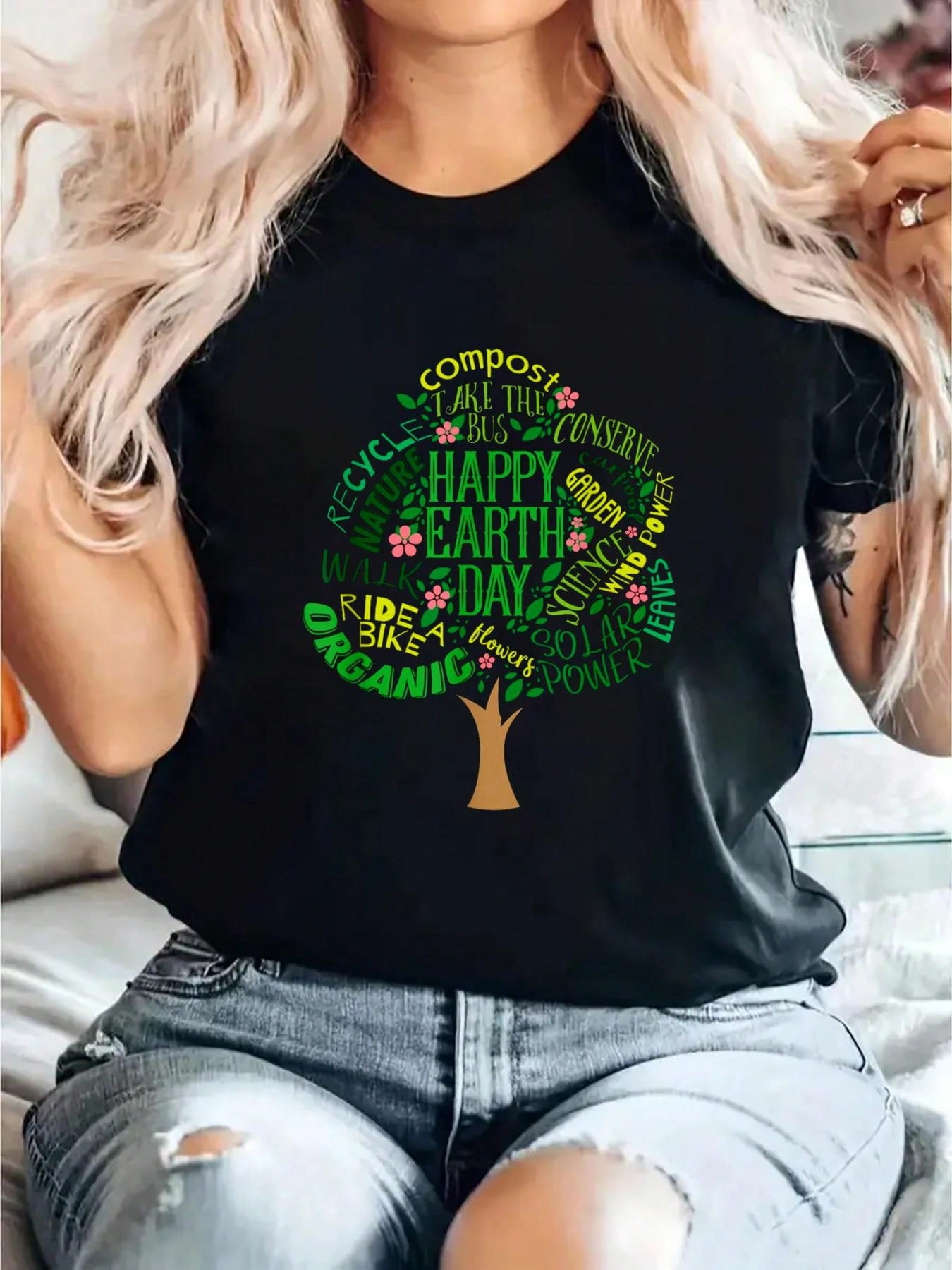 Cute Tree Drawing Illustration T-Shirt Print T-Shirt, Casual Crew Neck ...