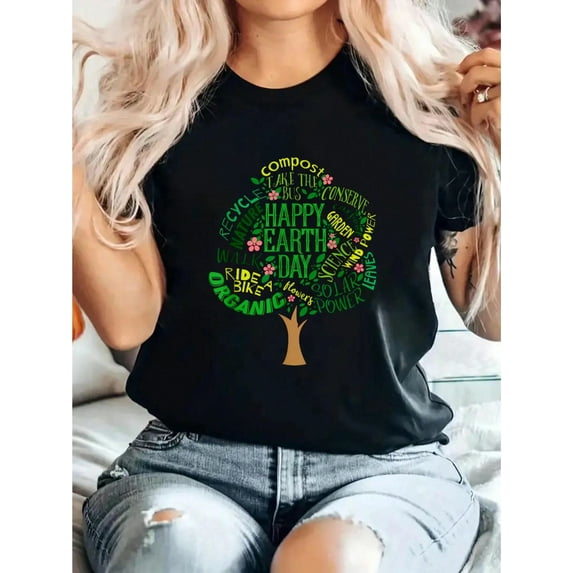 Cute Tree Drawing Illustration T-Shirt Print T-Shirt, Casual Crew Neck ...