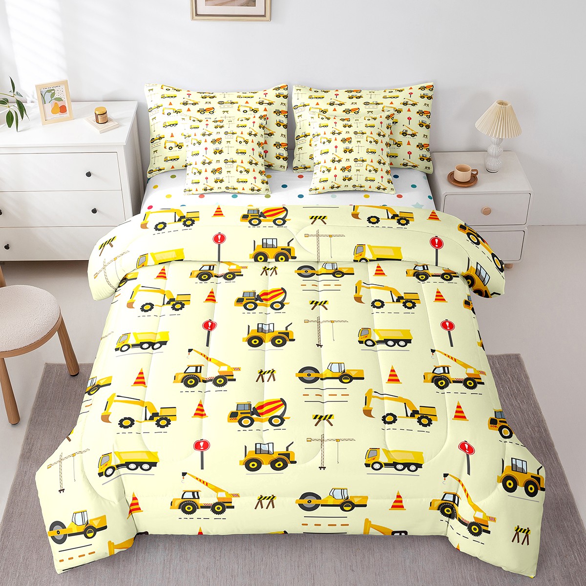 Cute Truck Bedding Twin Size 7Pcs Bed in a Bag,Cartoon Excavator ...