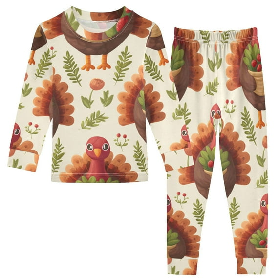 Cute Turkey Hug Basket Leaves Thanksgiving Cotton Pajama Set Long ...