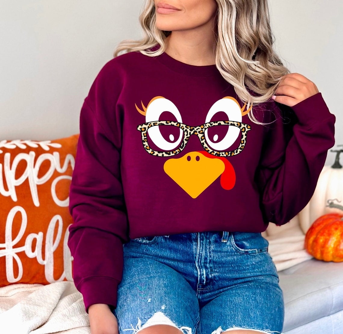 Cute Turkey Thanksgiving Sweatshirt, Funny Turkey Face Top, Family Fall ...