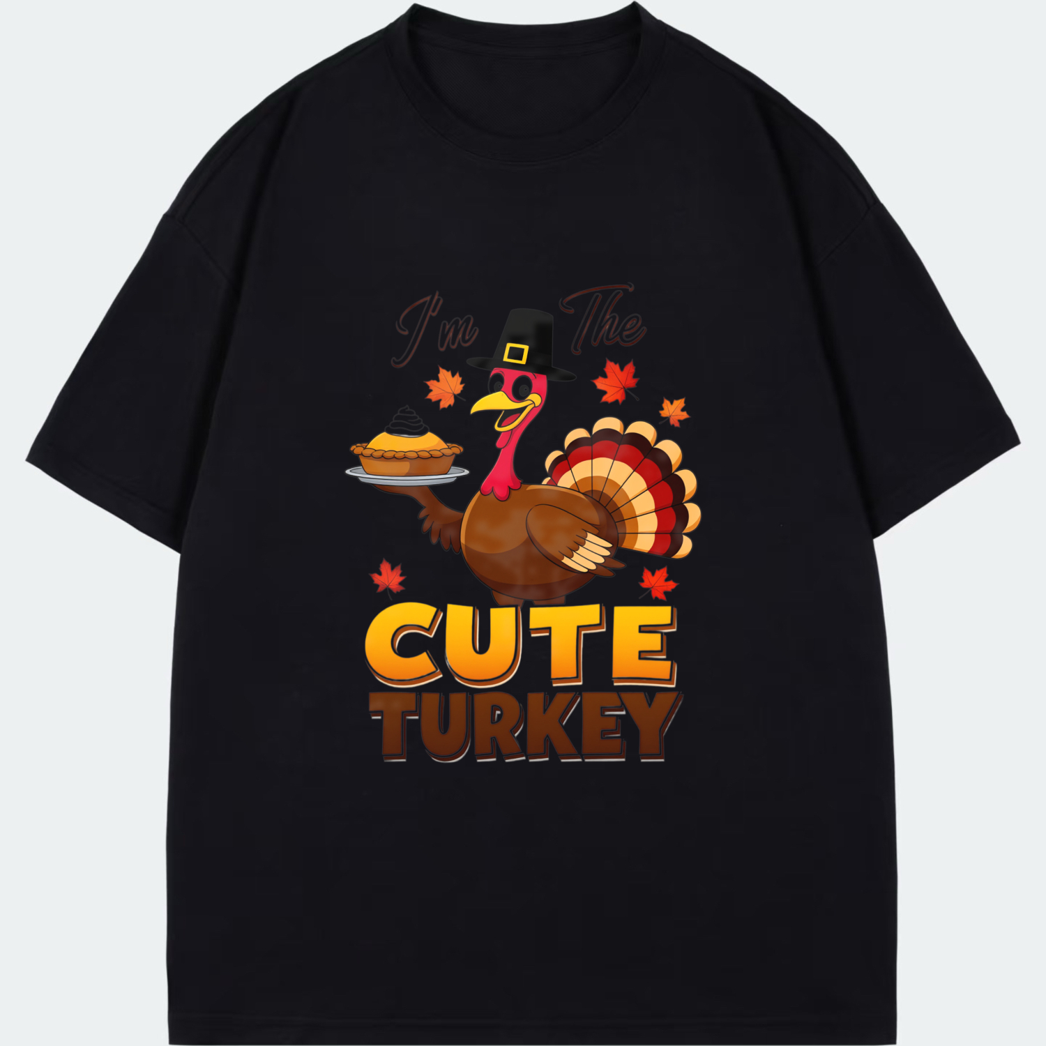 Cute Turkey Thanksgiving T-Shirt Black Turkey With Pilgrim Hat And Pie ...