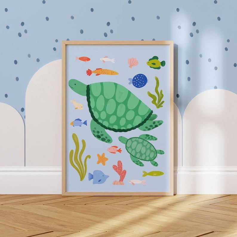 Cute Turtle Nursery Art - Sea Life Animals Educational Poster 12x18 ...
