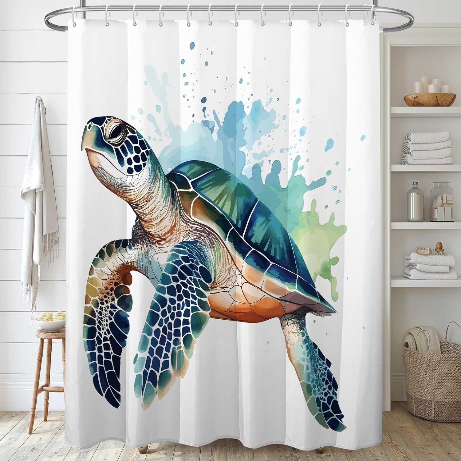 Cute Turtle Shower Curtain for Kids,Abstract Watercolor Teal Blue Ocean ...