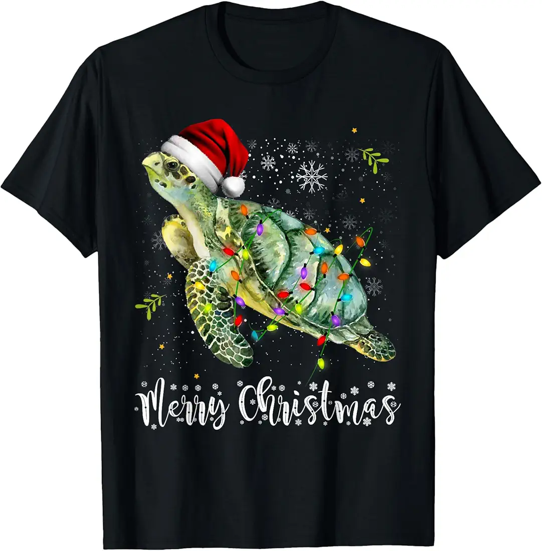 Cute Turtle with a Festive Hat and Holiday Lights Fun Unisex T-Shirt ...