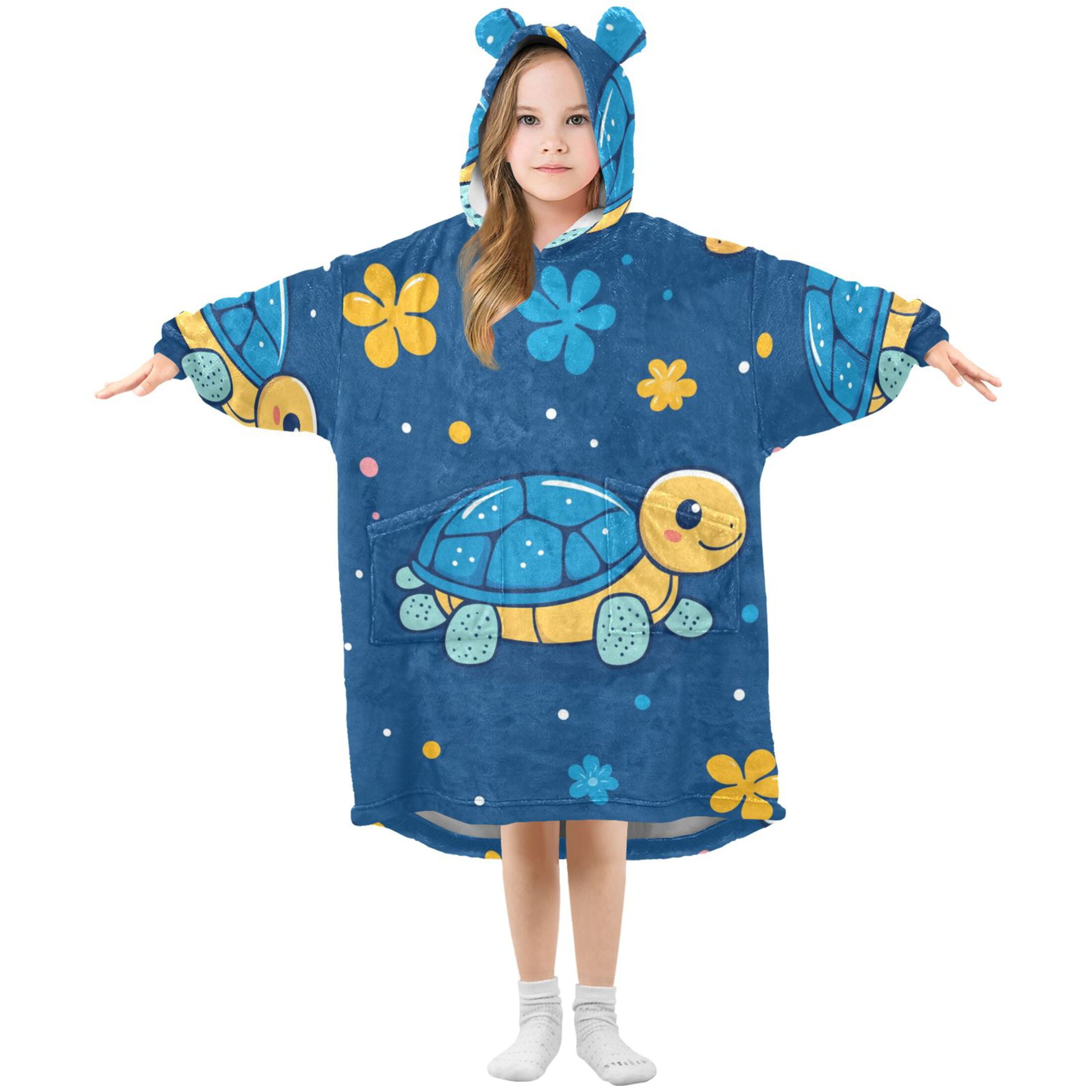 Cute Turtles Doodle Flowers Flannel Wearable Blankets Hooded Design ...