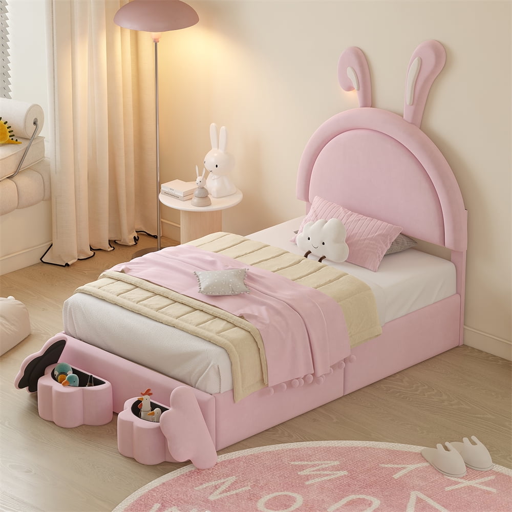 Cute Twin Size Upholstered Princess Bed, Rabbit-Shape Velvet Platform ...