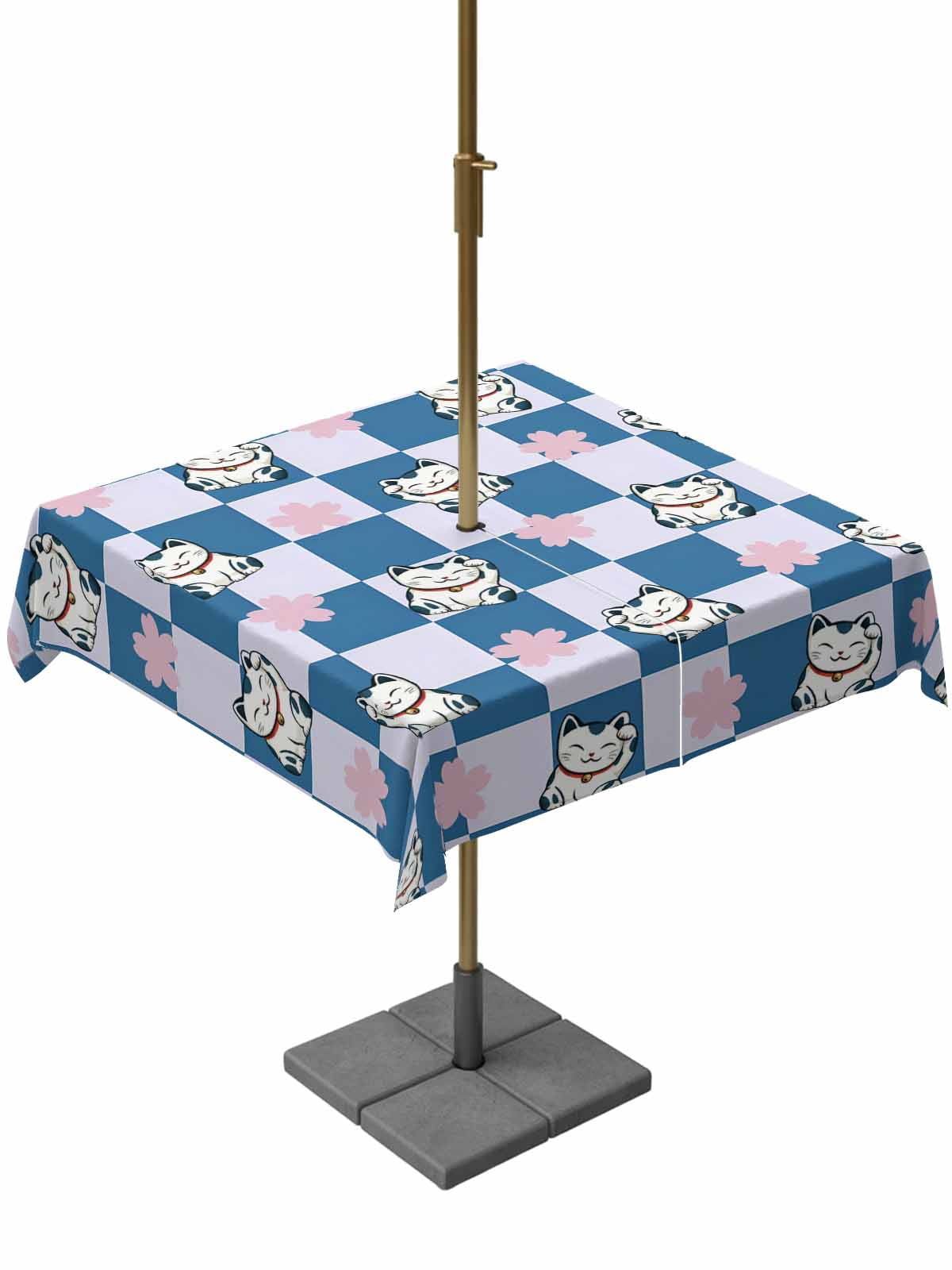 Cute Ucky Cat Square Outdoor Tablecloth with Umbrella Hole Pink Cherry ...