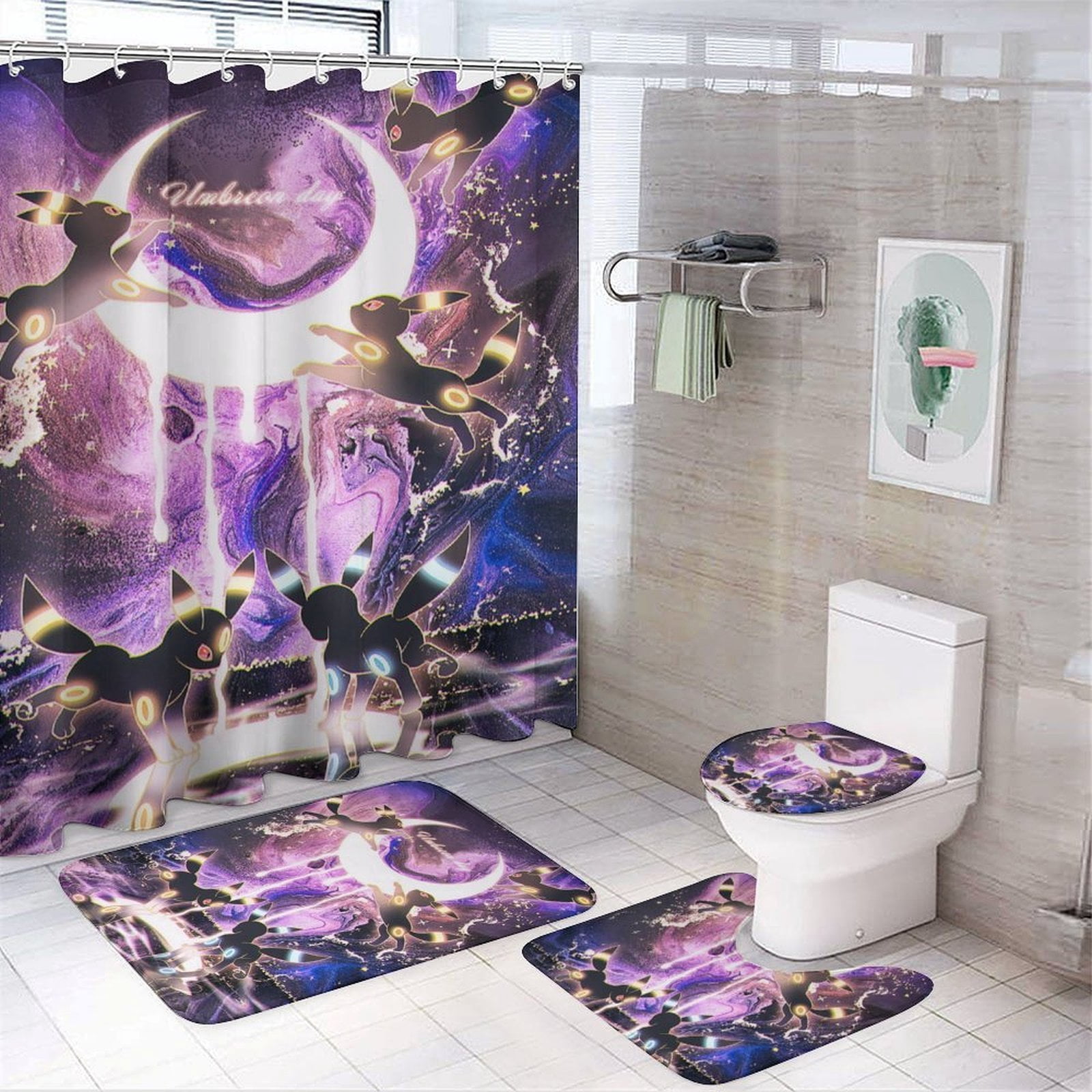 Cute Umbreon Shower Curtain Sets 4 Piece Bathroom Set Non-Slip Rugs ...