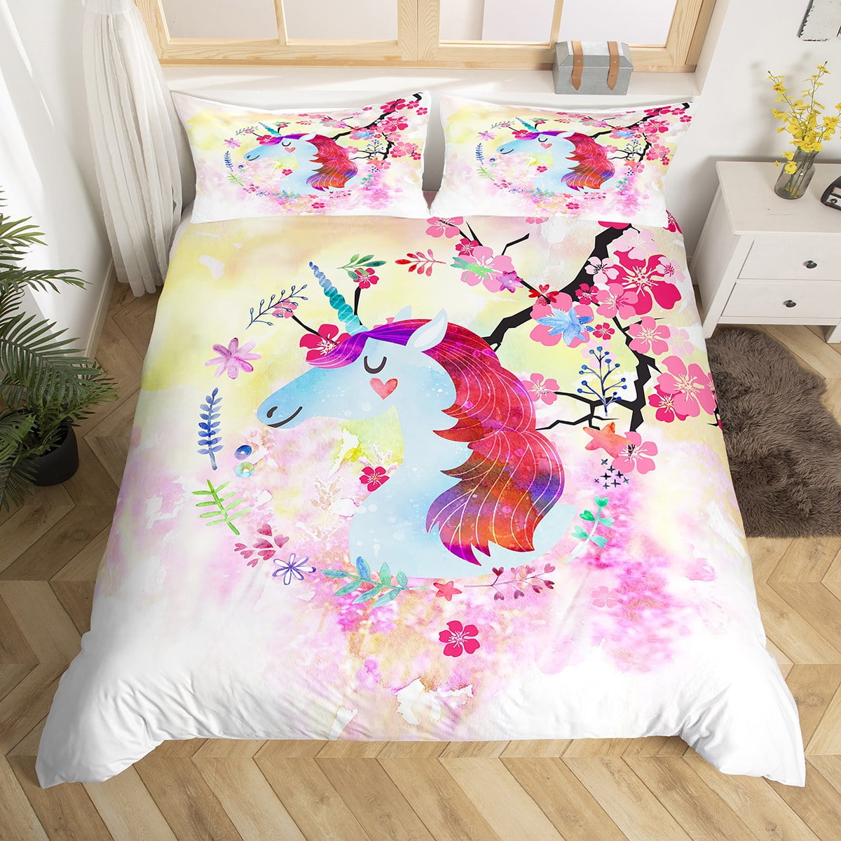 Cute Unicorn Comforter Cover Floral Dream Horse Kids Bedding Twin ...