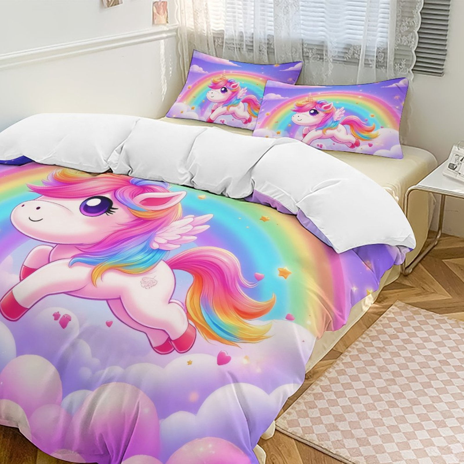 Cute Unicorn Rainbow Sky 3D Duvet Cover Set Quilt Cover Theme of Kid ...