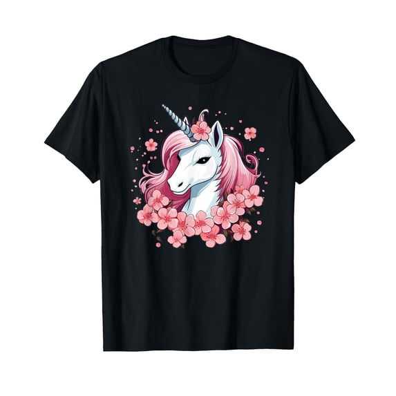 Cute Unicorn with Cherry Blossoms T-Shirt - Black Tee Featuring White ...
