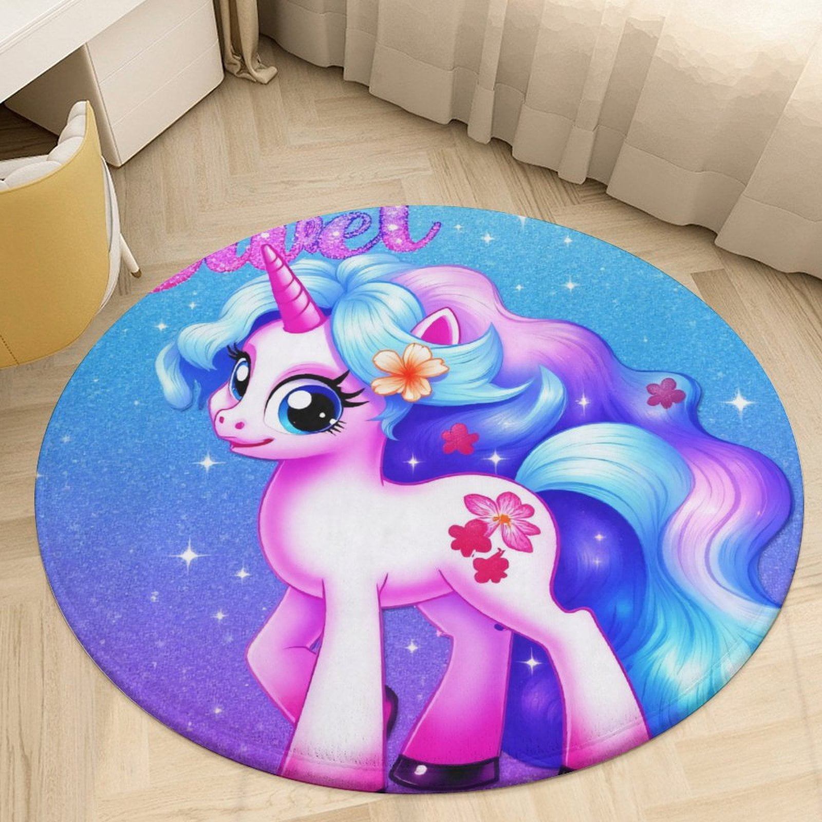 Cute Unicorn with Floral Markings Round Area Rugs for Bedroom Living ...