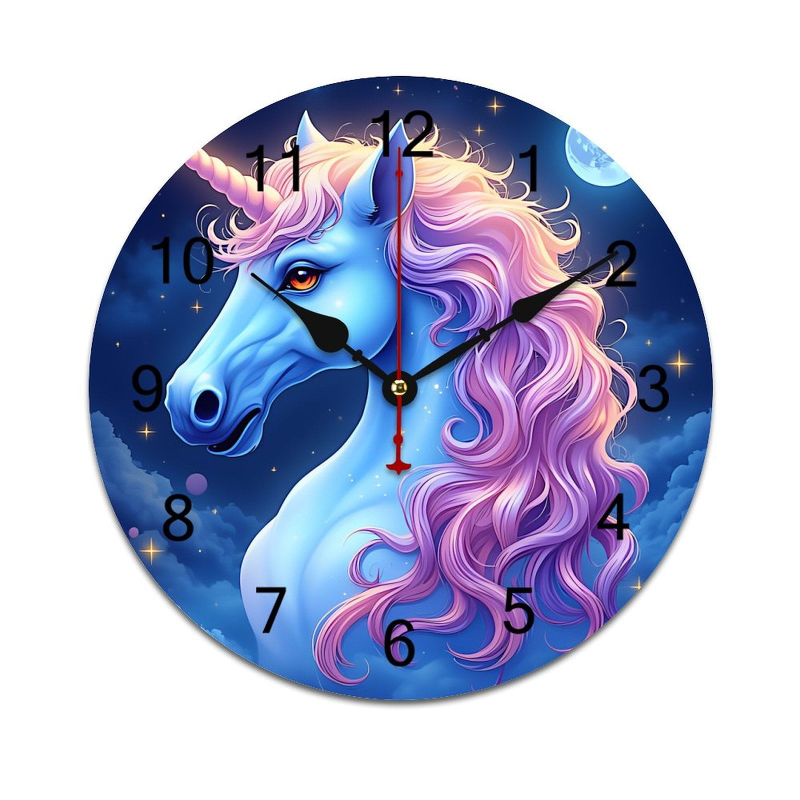 Cute Unicorn with Rainbow Printed Silent Wall Clock Round Kitchen Clock ...