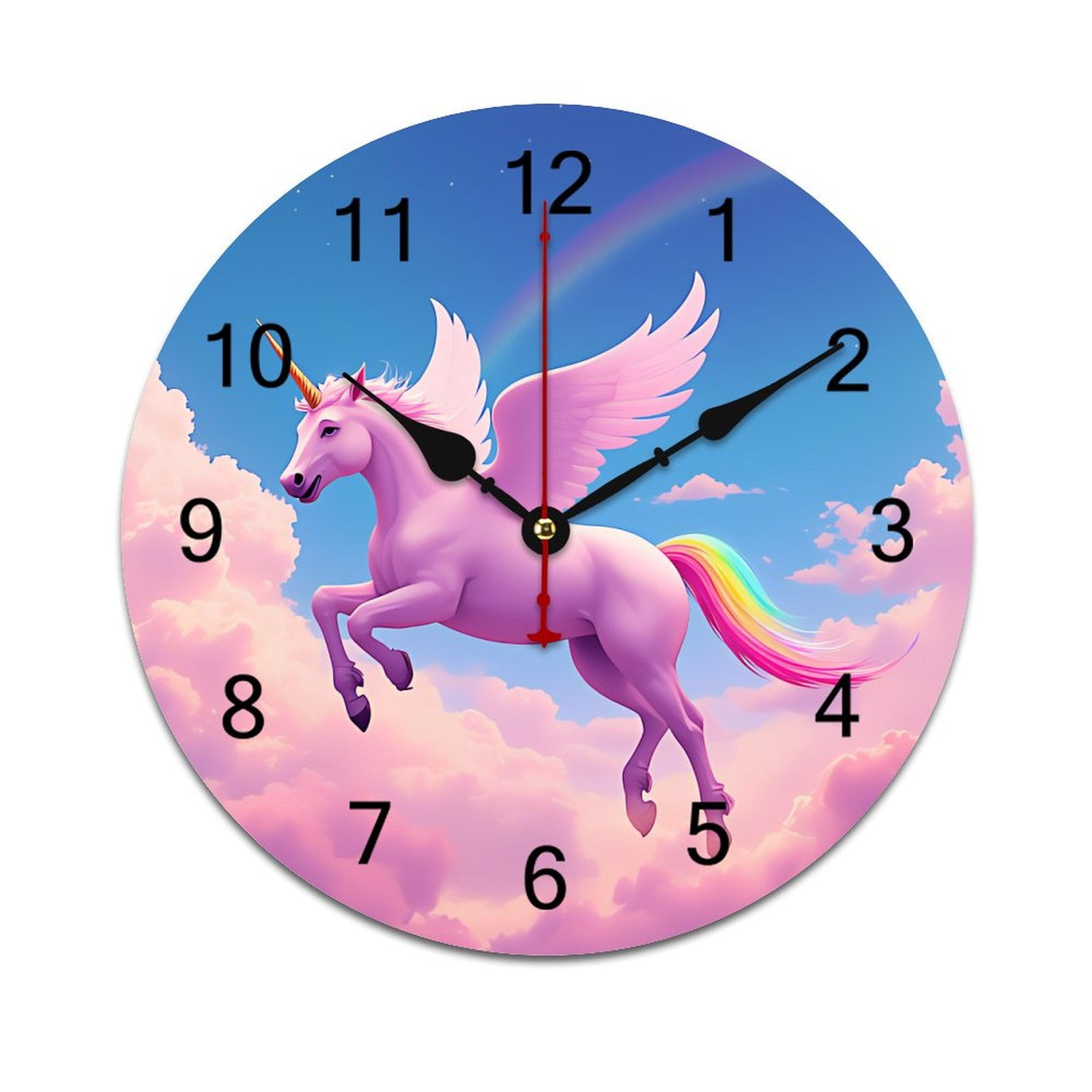 Cute Unicorn with Rainbow Time Decorative Wall Clocks Round Large Wall Watch Bedroom Home Decor ...