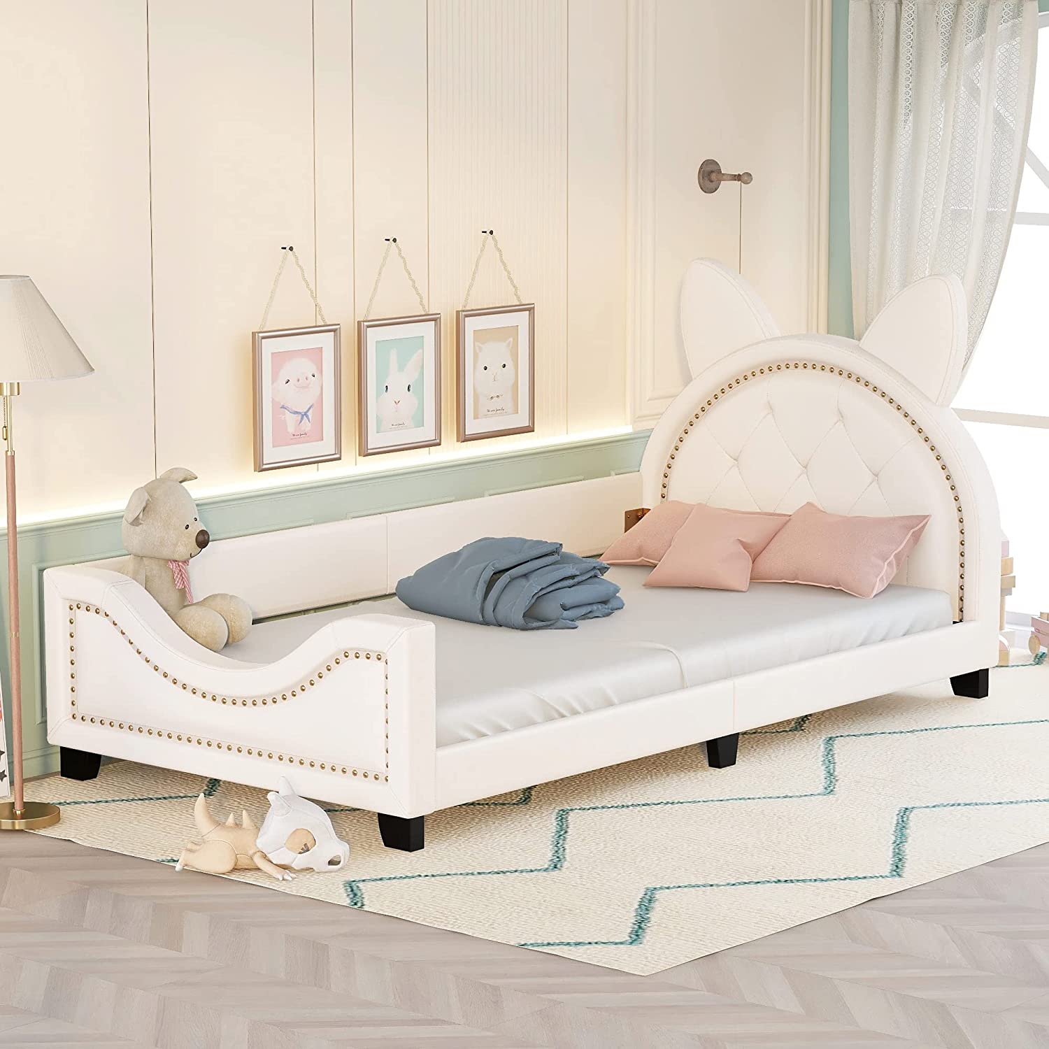 Cute Upholstered Princess Bed with Crown Headboard, Twin Size Leather ...