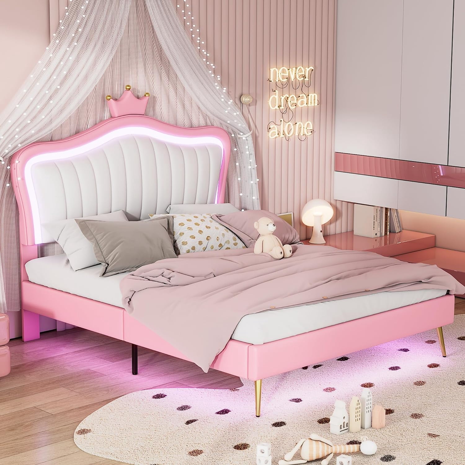 Cute Upholstered Princess Bed with Crown Headboard, Twin Size Leather ...