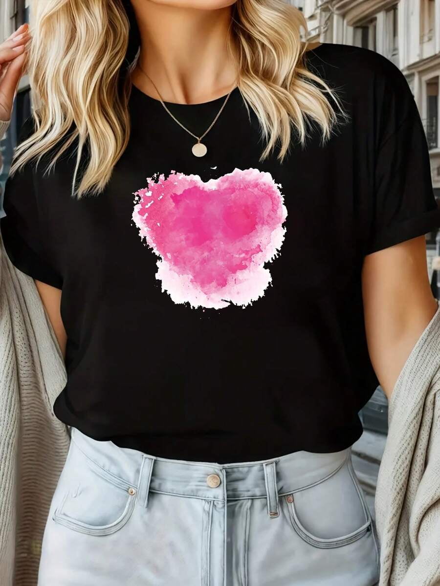 Cute Valentine's Day Watercolor Graphic Tee, Soft Pink Heart Print ...