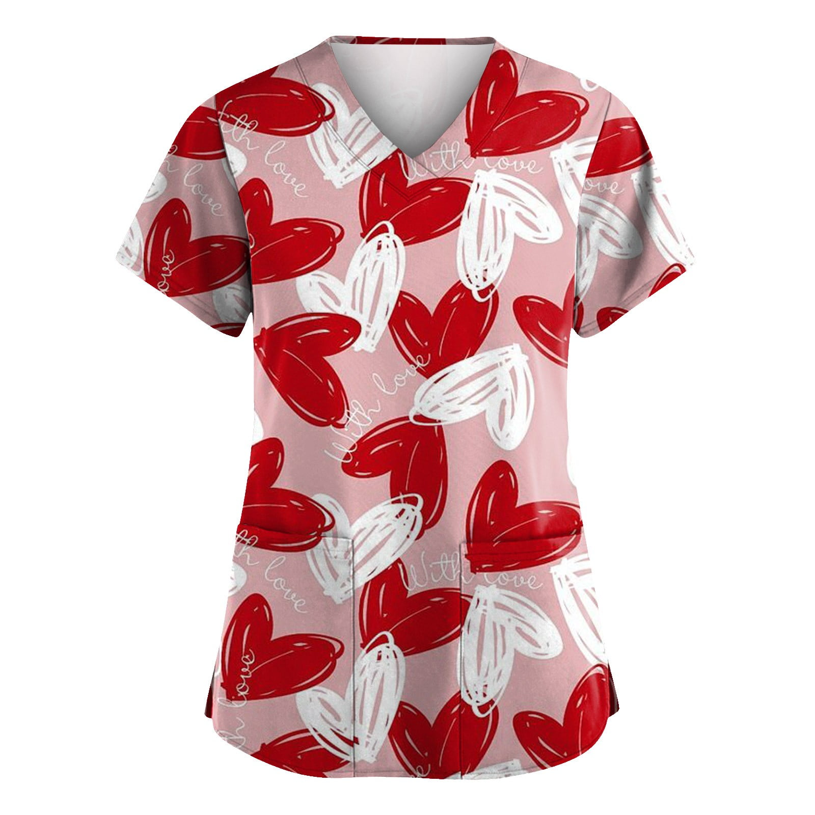 Cute Valentines Day Scrub Tops Women Love Heart Print V Neck Short ...