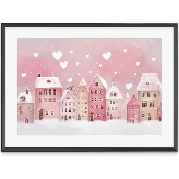 Cute Valentines Day Wall Art Pink Valentine Village Art Valentines Day ...