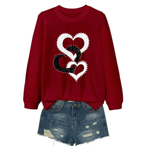 Cute Valentines Women Tops Love Heart Shirts Casual Fashion Round Neck ...