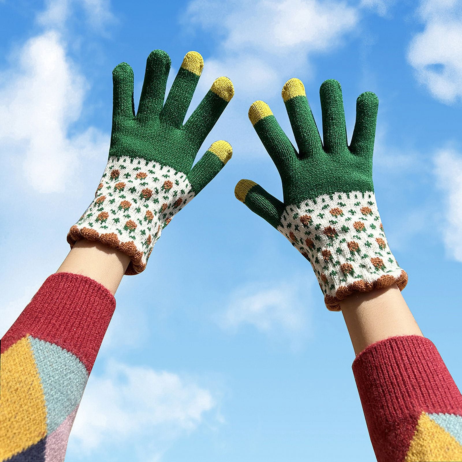 Cute Vintage Colorful Flower Knitted Hand Gloves Women Girl Touch ...