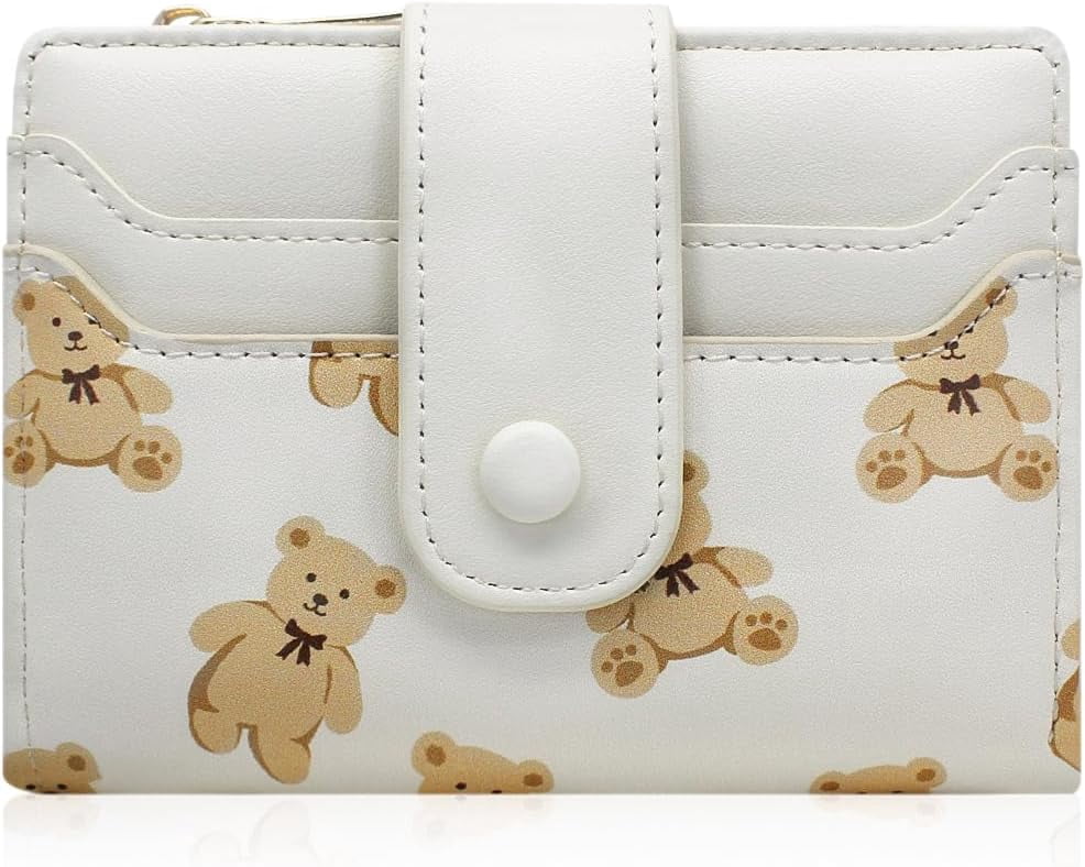 Cute Wallet for Women, Bear Print Zip Bifold Wallet with Front Card ...