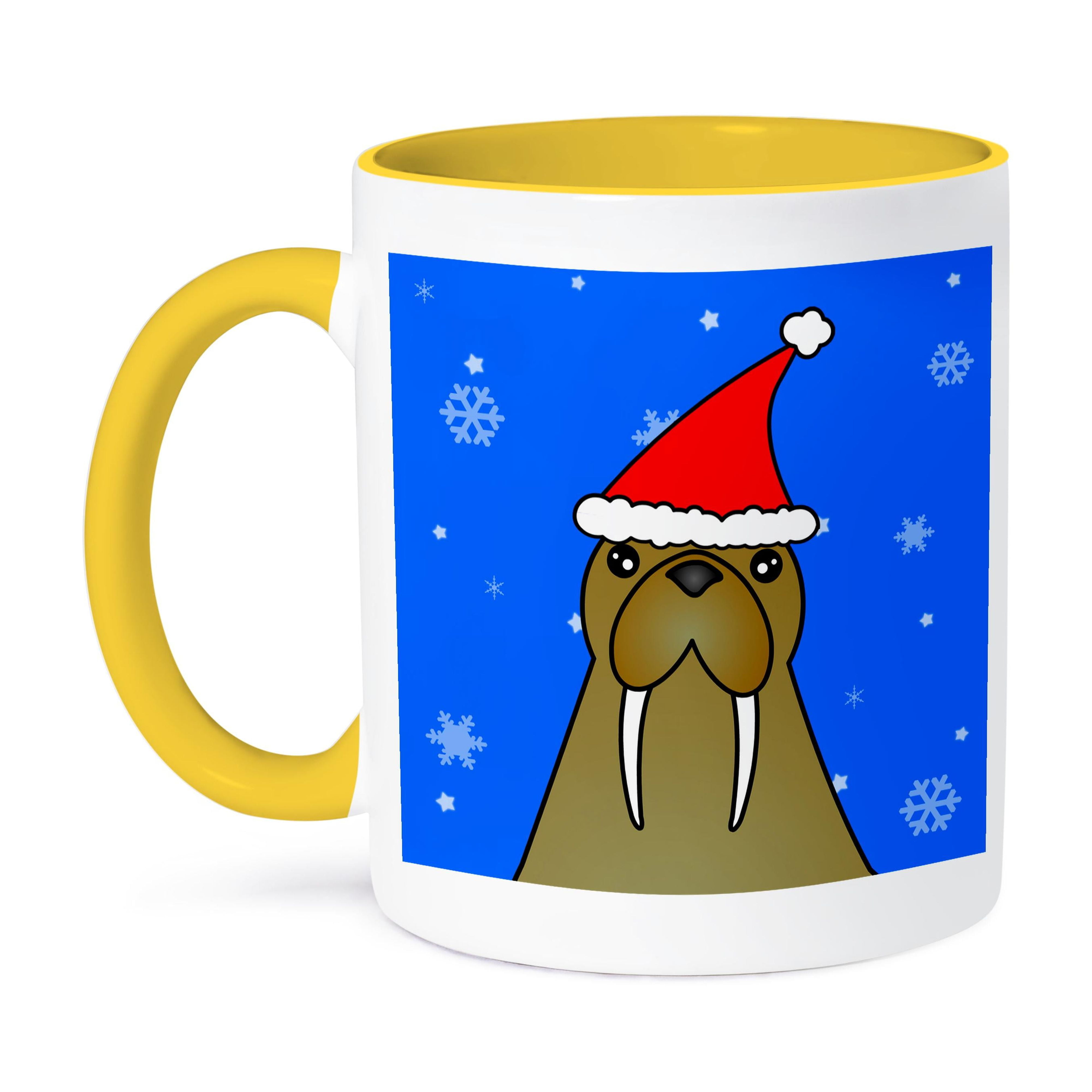 3dRose, Cute Walrus Santa Hat and Snowflakes, 15oz Two-Tone Yellow Mug ...