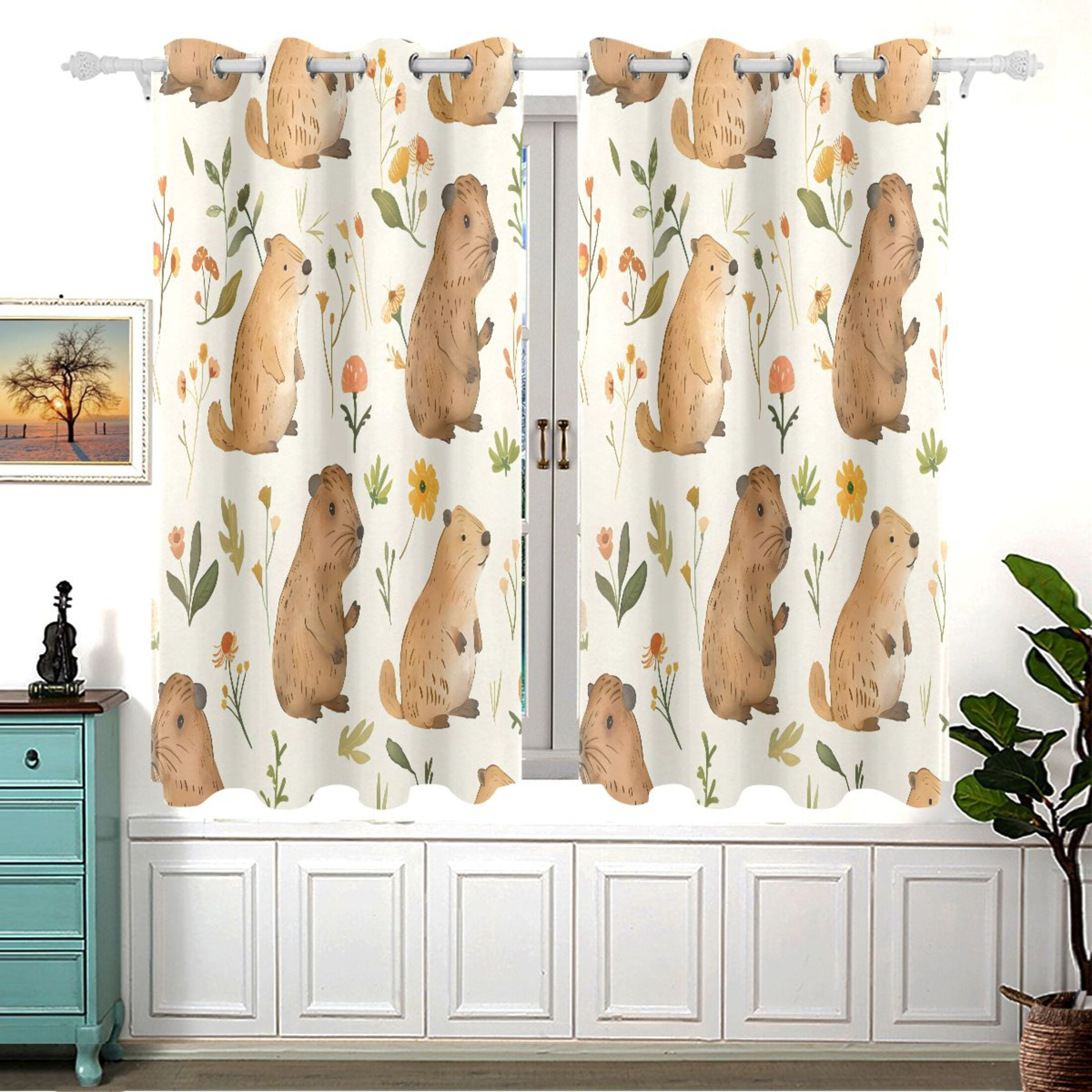 Cute Water Hogs with Flowers Leaves Curtains Drapes with Grommets 2 ...