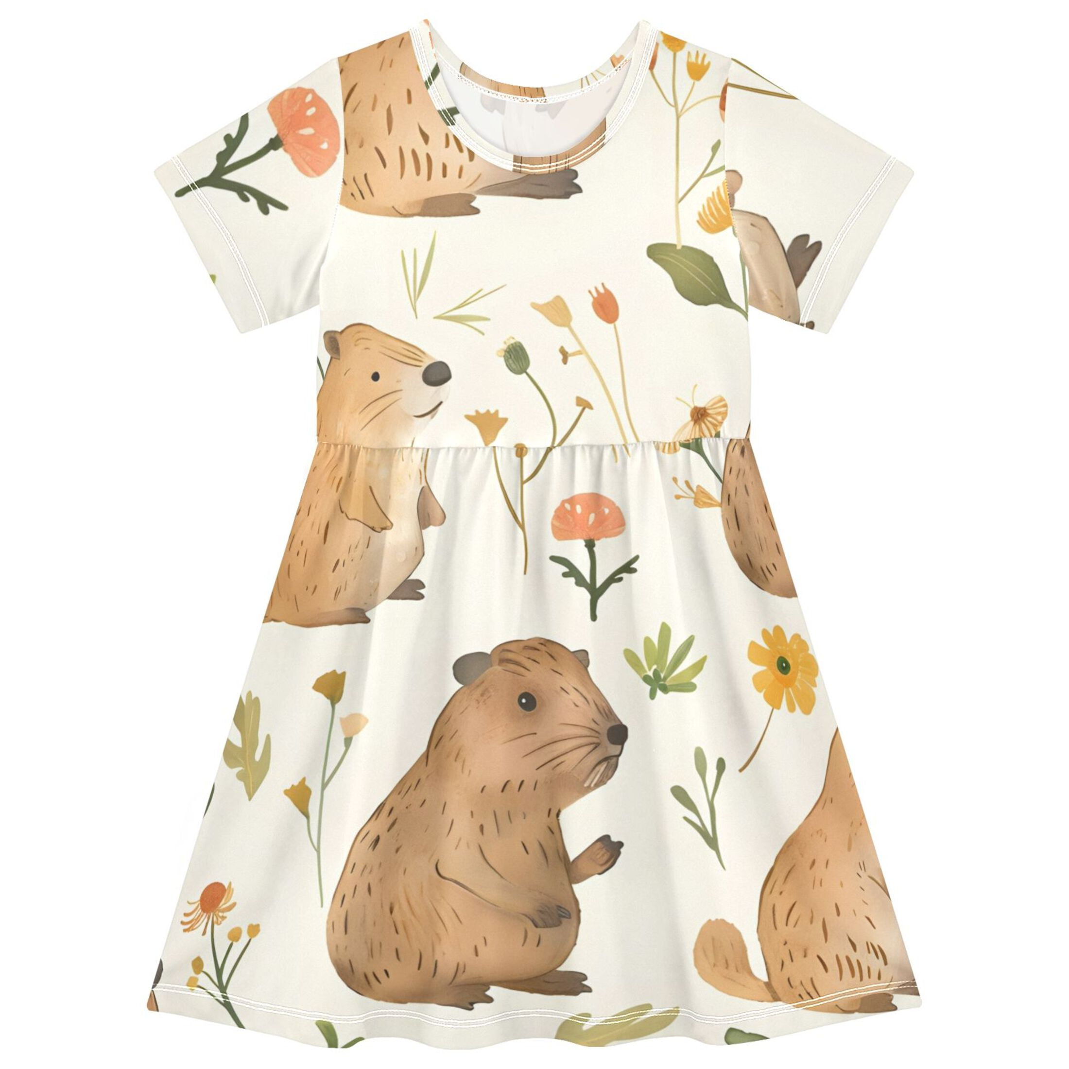 Cute Water Hogs with Flowers Leaves Girls' Short Sleeve Dress A-Line ...