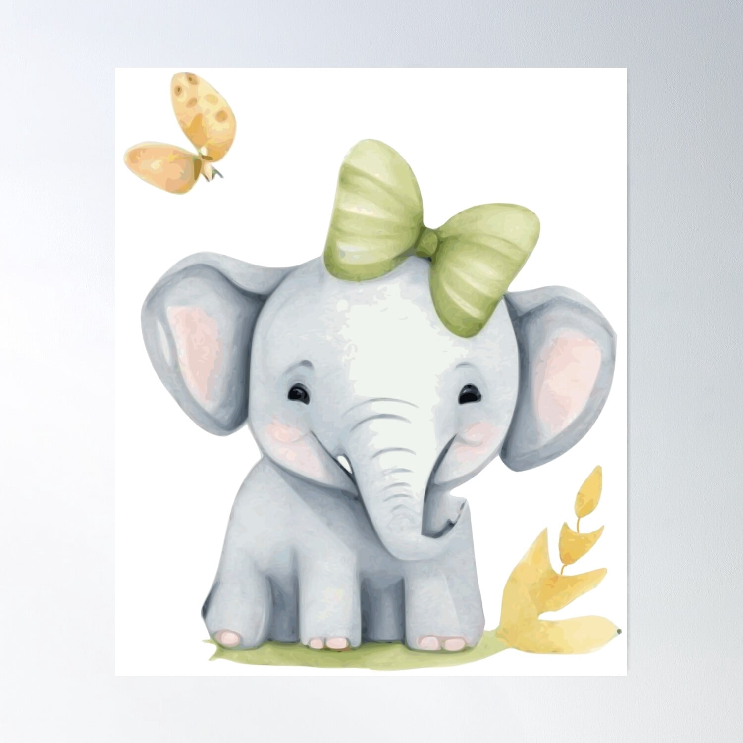 Cute Watercolor Baby Elephant With A Bow On Her Head Poster Wall Art ...