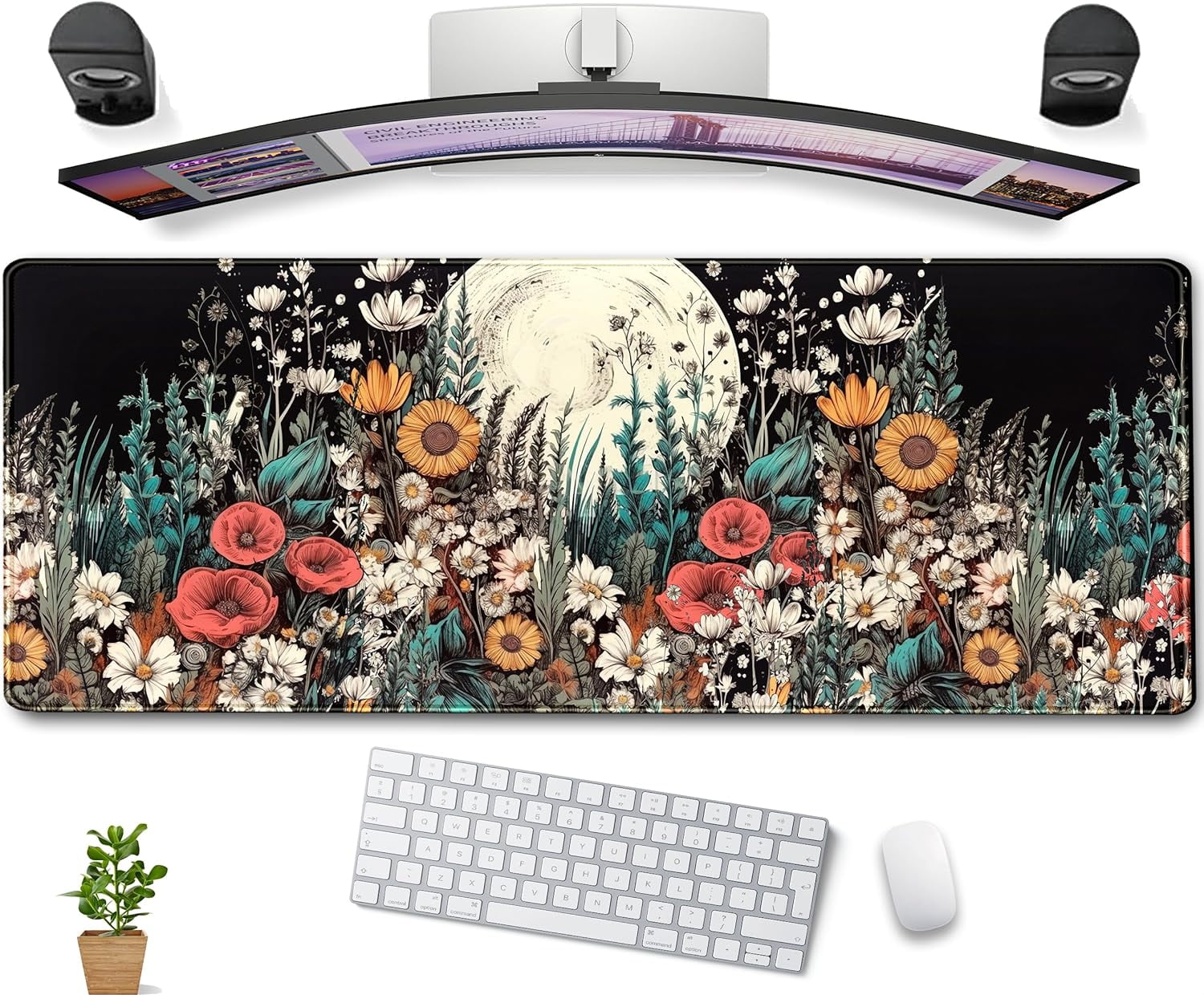 Cute Watercolor Floral Desk Pad Mouse Pad Full Moon Daisy Desk Mat XL ...