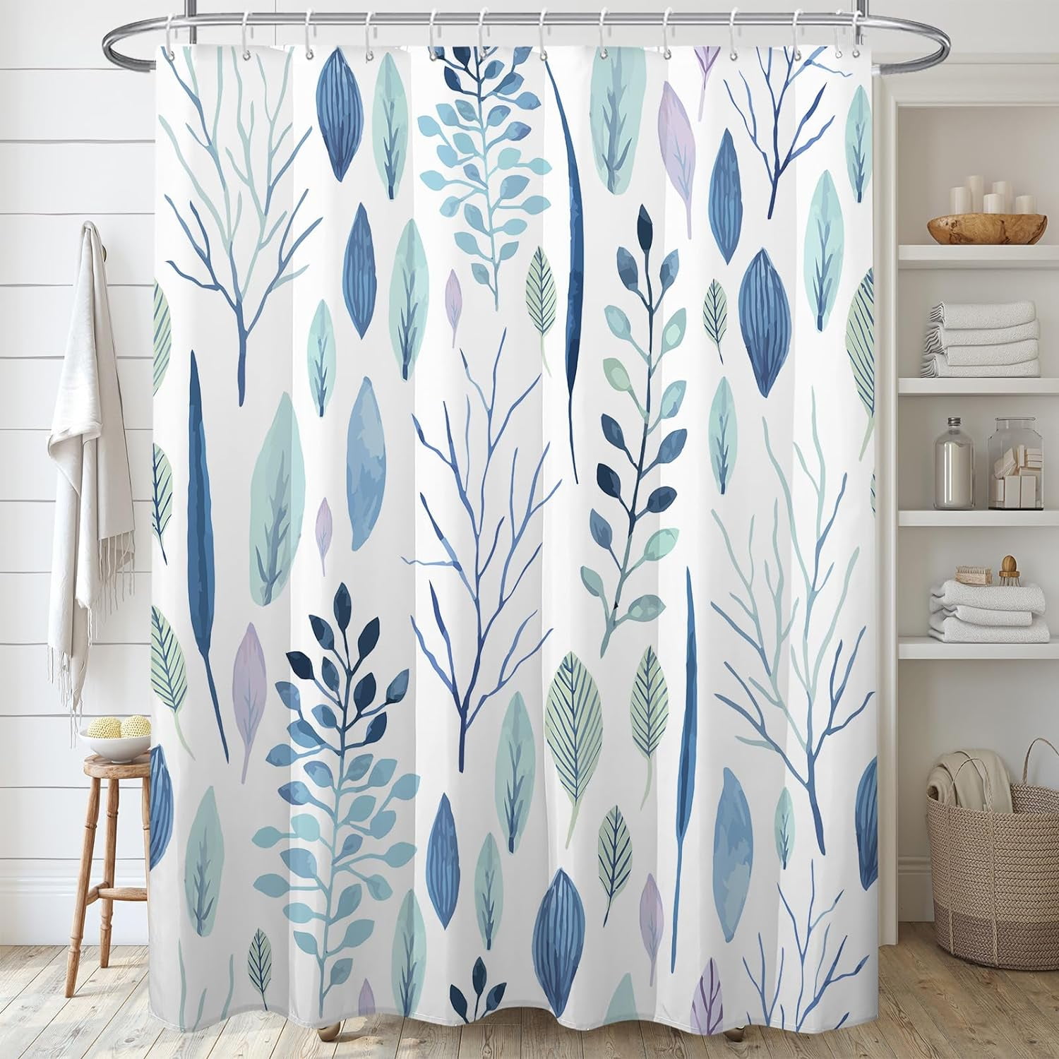 Cute Watercolor Floral Shower Curtain Sets Blue Botanical Leaves