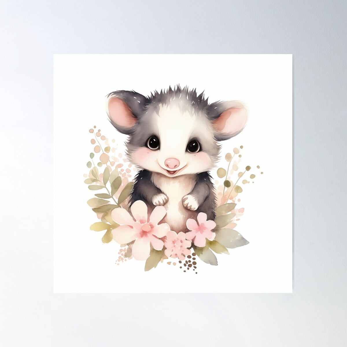Cute Watercolor Opossum In Pink Flowers Poster Wall Art, Modern Wall ...