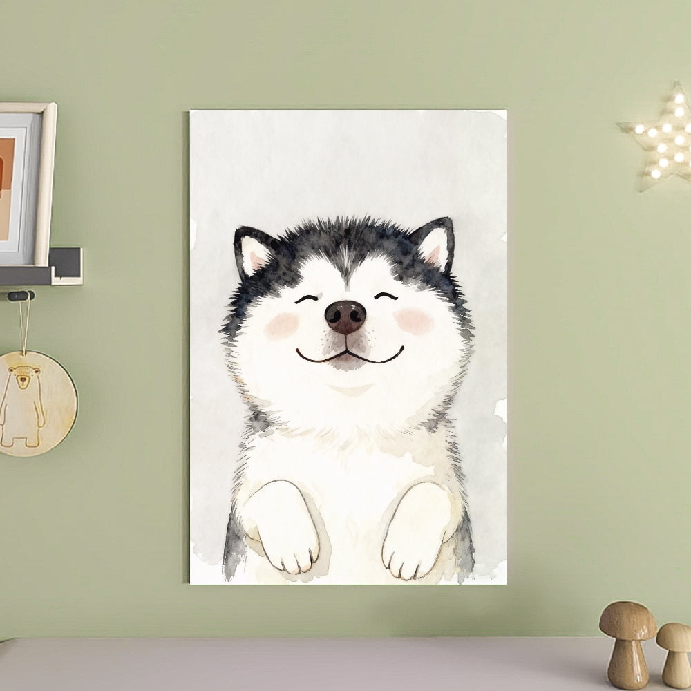 Cute Watercolor Smiling Husky Puppy Printed Canvas Wall Art (Hidden ...