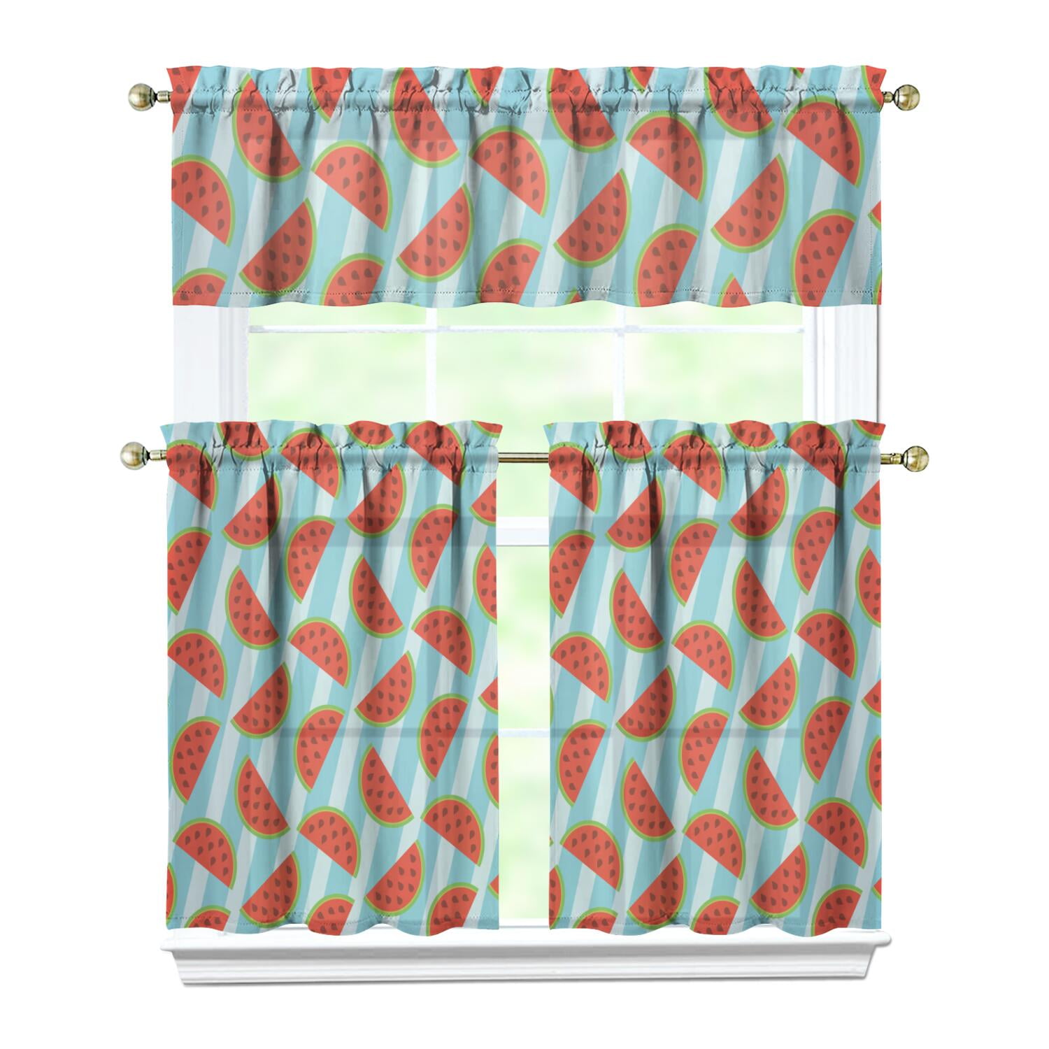 Cute Watermelon Lovers Kitchen Curtains Set Tier and Valance, Tropical ...