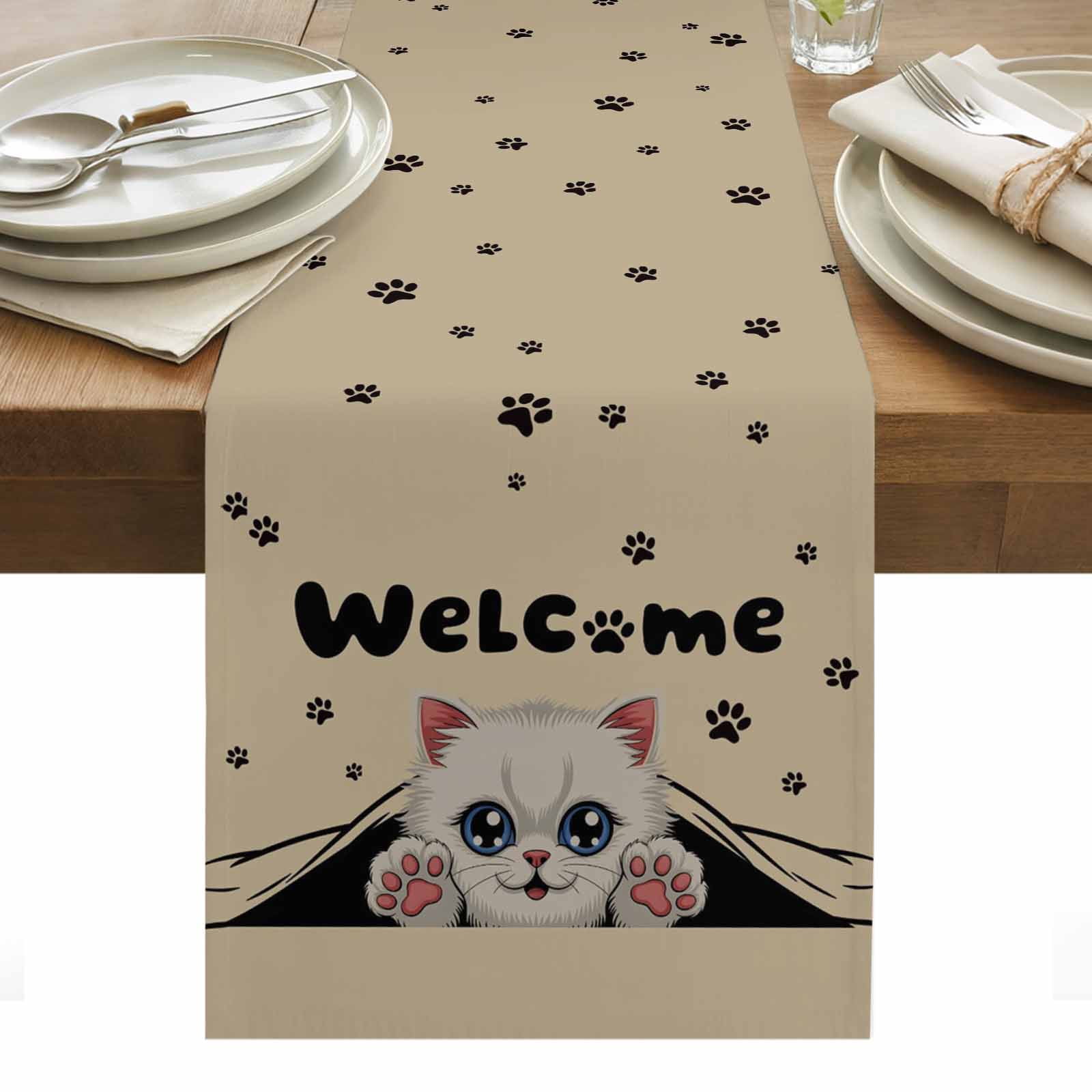 Cute Welcome Cotton Linen Table Runner Cartoon White Kitten Black Cat ...