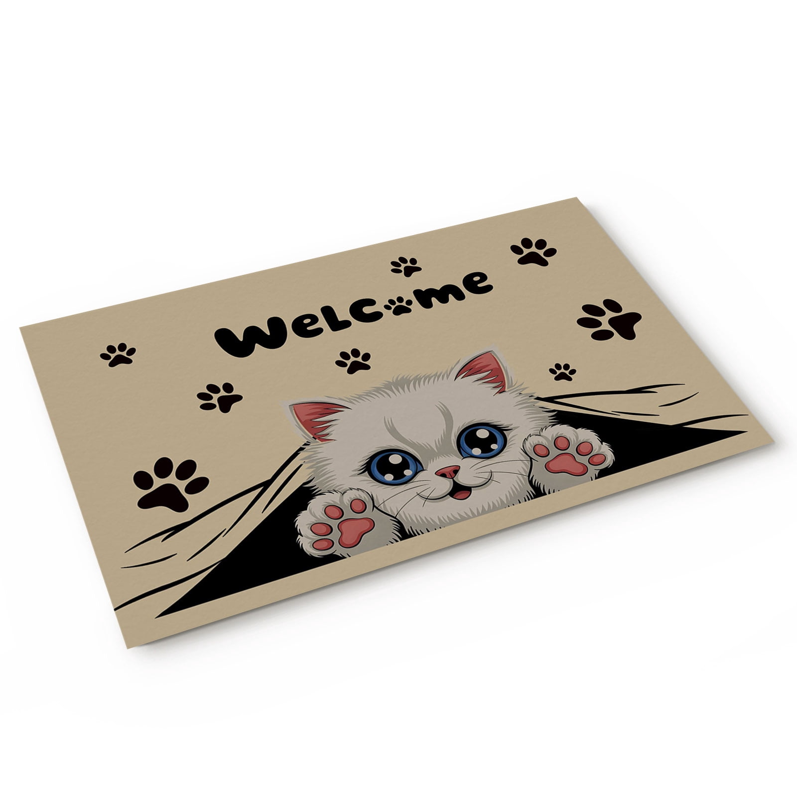 Cute Welcome Door Mat Cartoon White Kitten Black Cat Claw Prints Brown ...