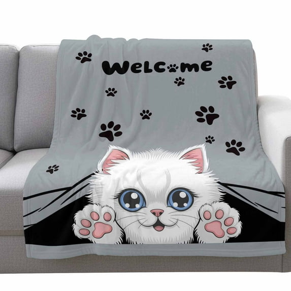 Cute Welcome Fleece Throw Blanket Lightweight Cartoon White Kitten ...