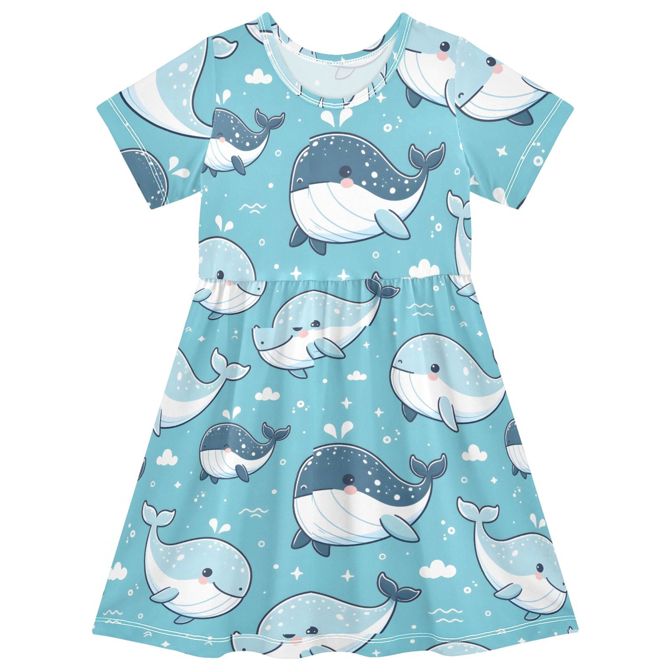 Cute Whale Swimming Background Short Sleeve Dress A-Line Cute Midi ...