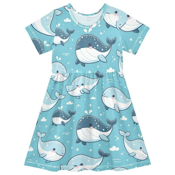 Cute Whale Swimming Background Short Sleeve Dress A-Line Cute Midi ...