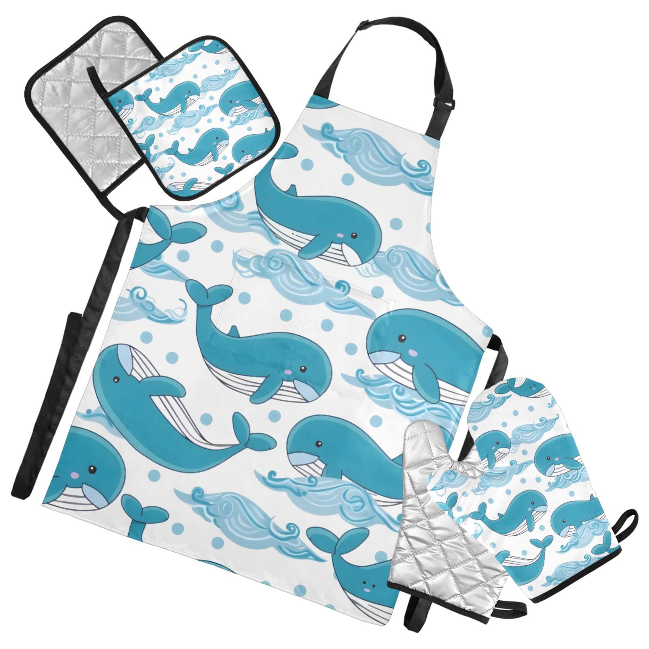 Cute Whale and Wave 5 Pcs Kitchen Set Heat Resistant Oven Mitts and Non ...