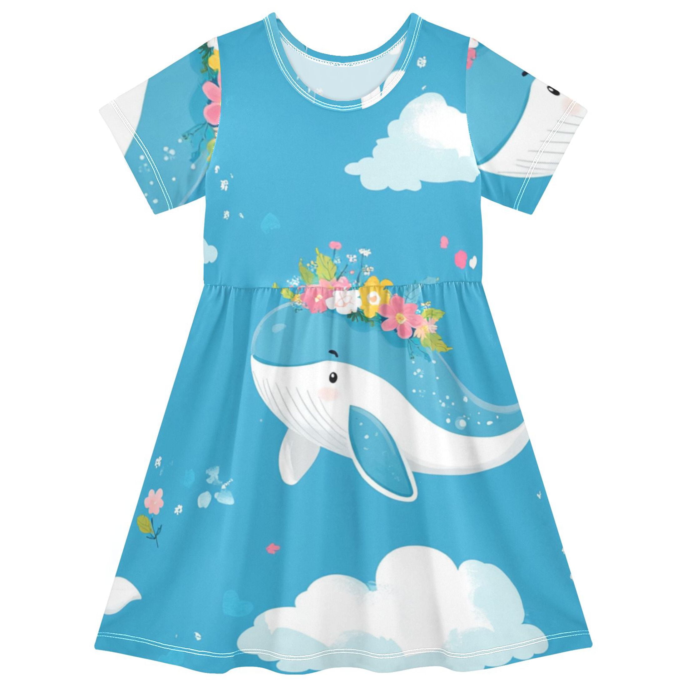 Cute Whales with Garlands Clouds Girls' Short Sleeve Dress A-Line One ...
